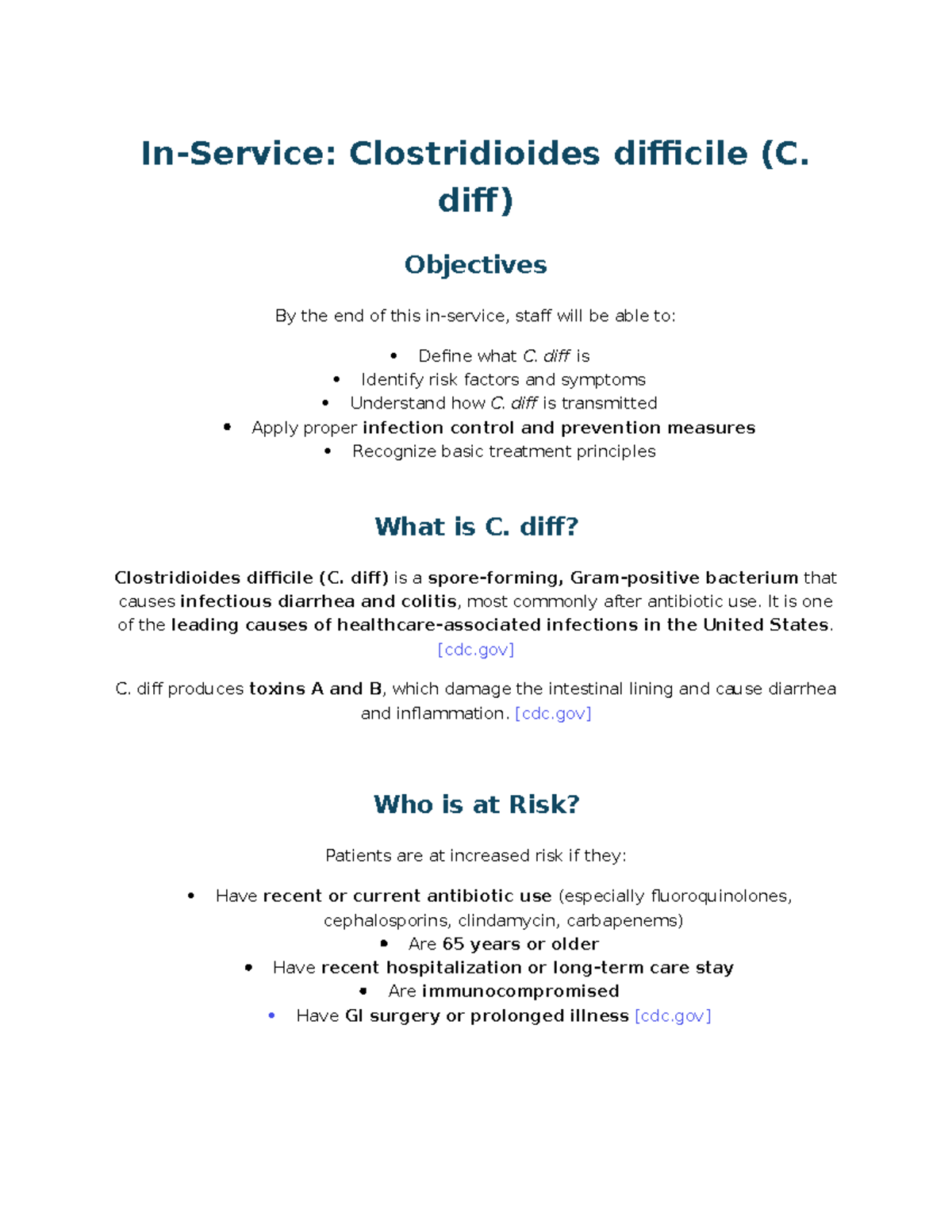 C. diff Infection Control & Prevention Objectives - Inservice Training ...