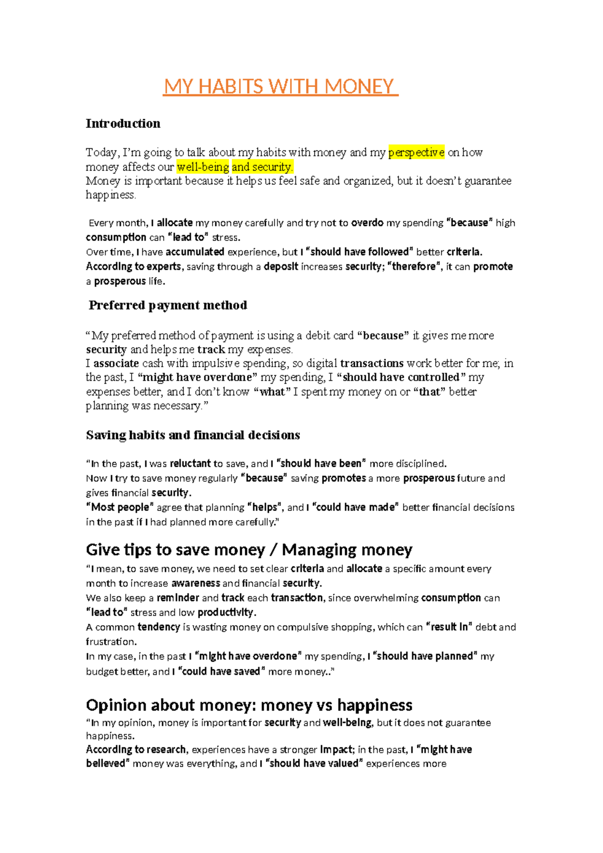 MY Habits with Money: Insights on Financial Security and Spending - Studocu