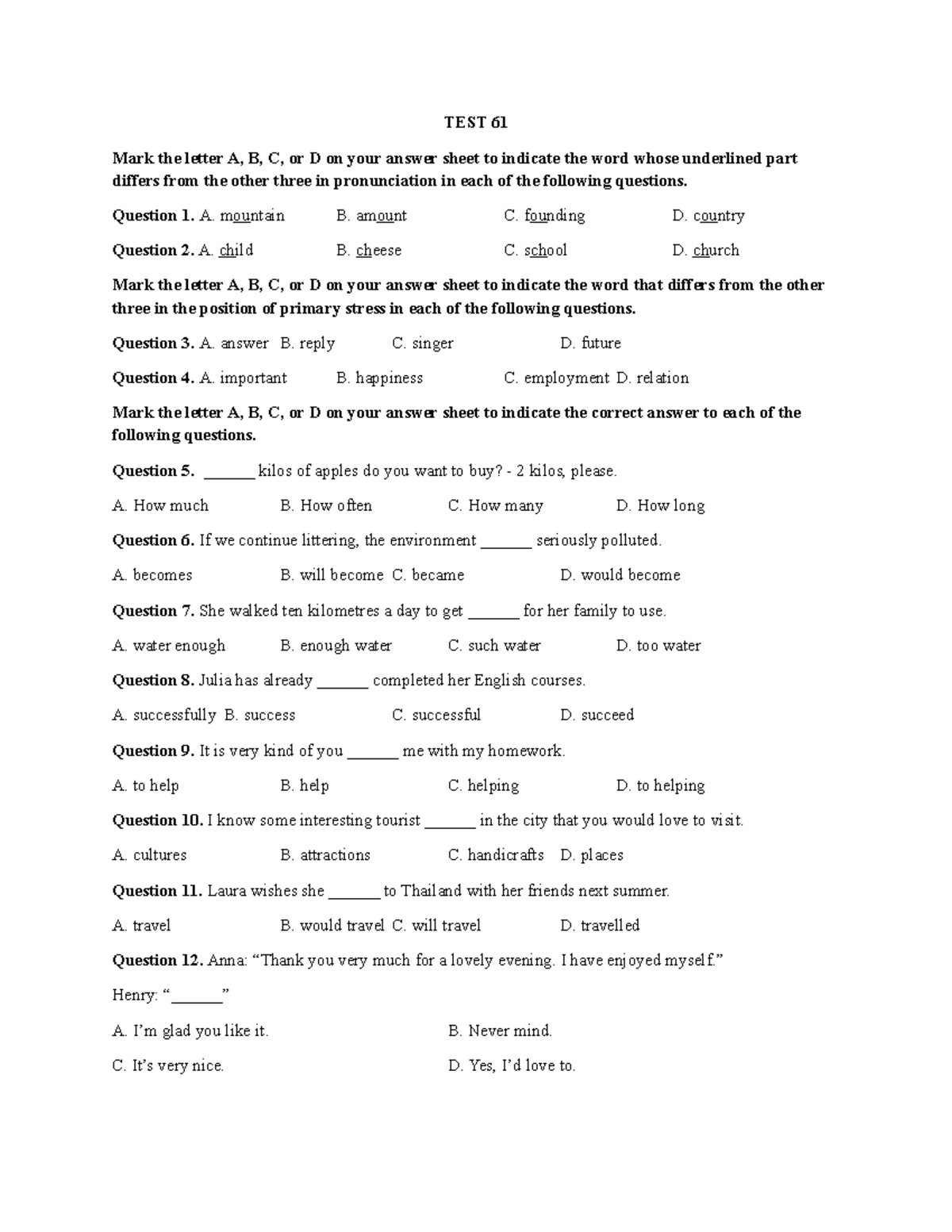 TEST 61+62 - Pronunciation and Vocabulary Practice Questions - Studocu