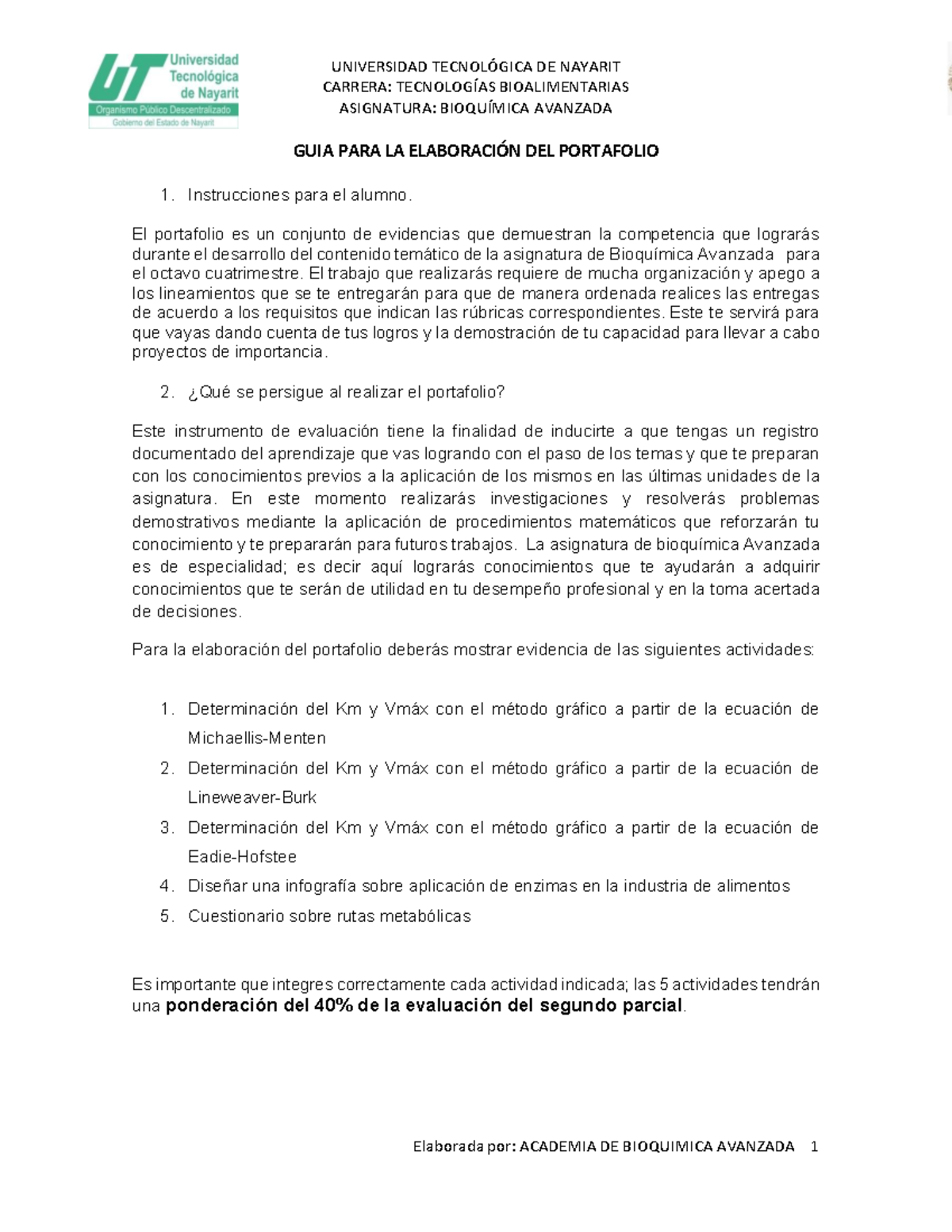 Portafolio 2 de Bioquímica Avanzada BQ 2026 - Instrucciones y ...
