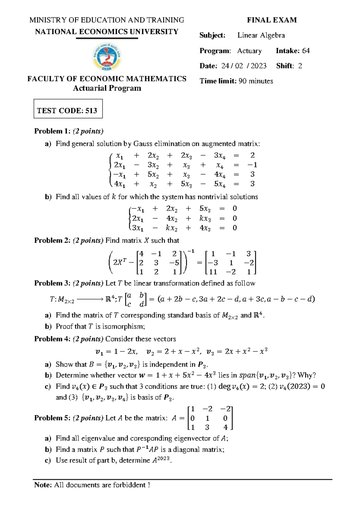 ACT64 Final Exam: Linear Algebra Problems and Solutions - Studocu