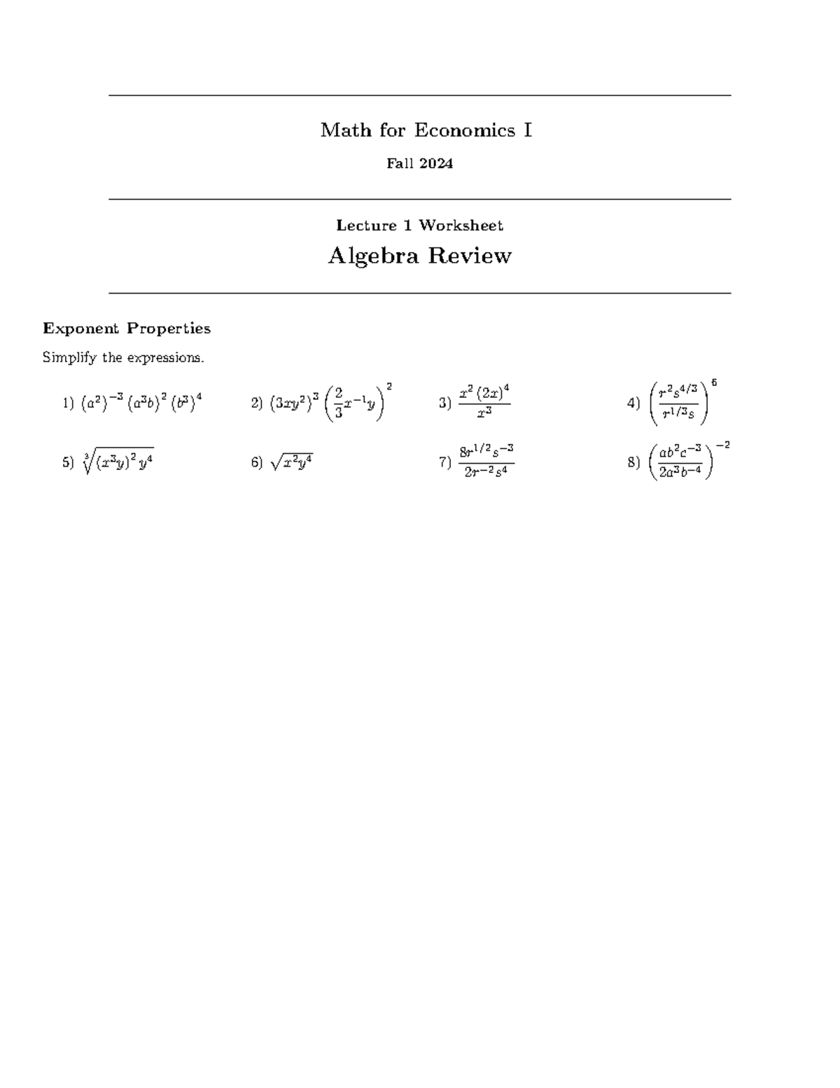 Math for Economics I (Fall 2024) Lecture 1: Algebra Review Worksheet - Studocu