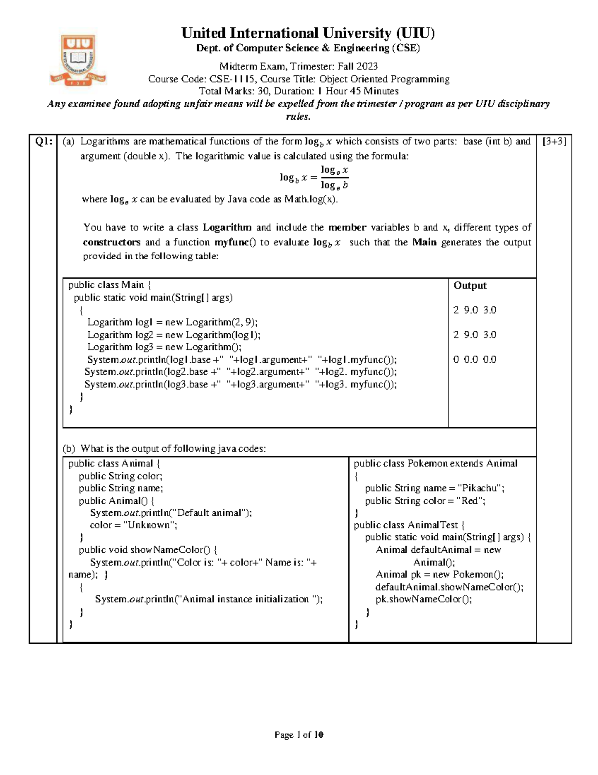 Mid 233 with ans - Midterm Exam, Trimester: Fall 2023 Course Code: CSE ...