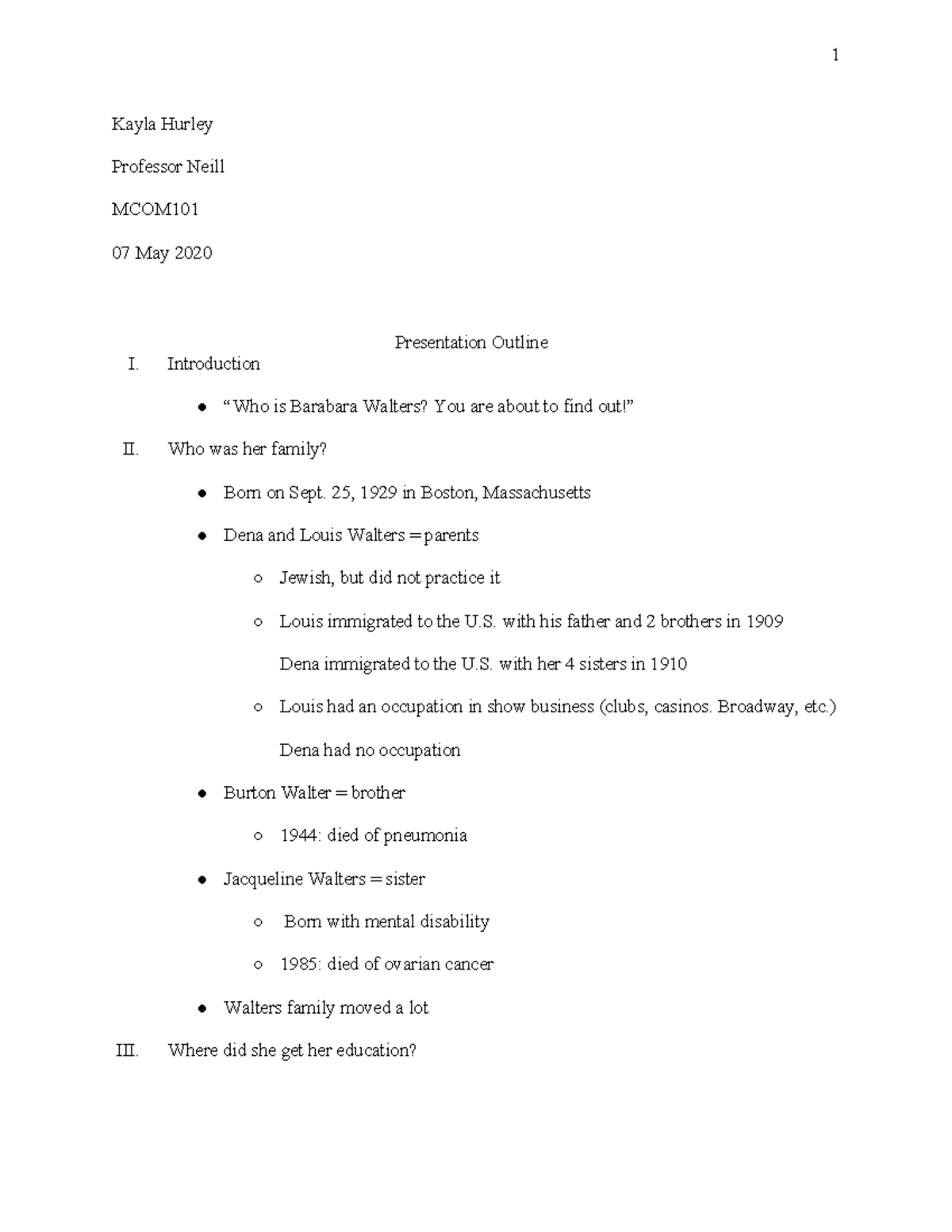 MCOM101 Final Project: Presentation Outline on Barbara Walters - Studocu
