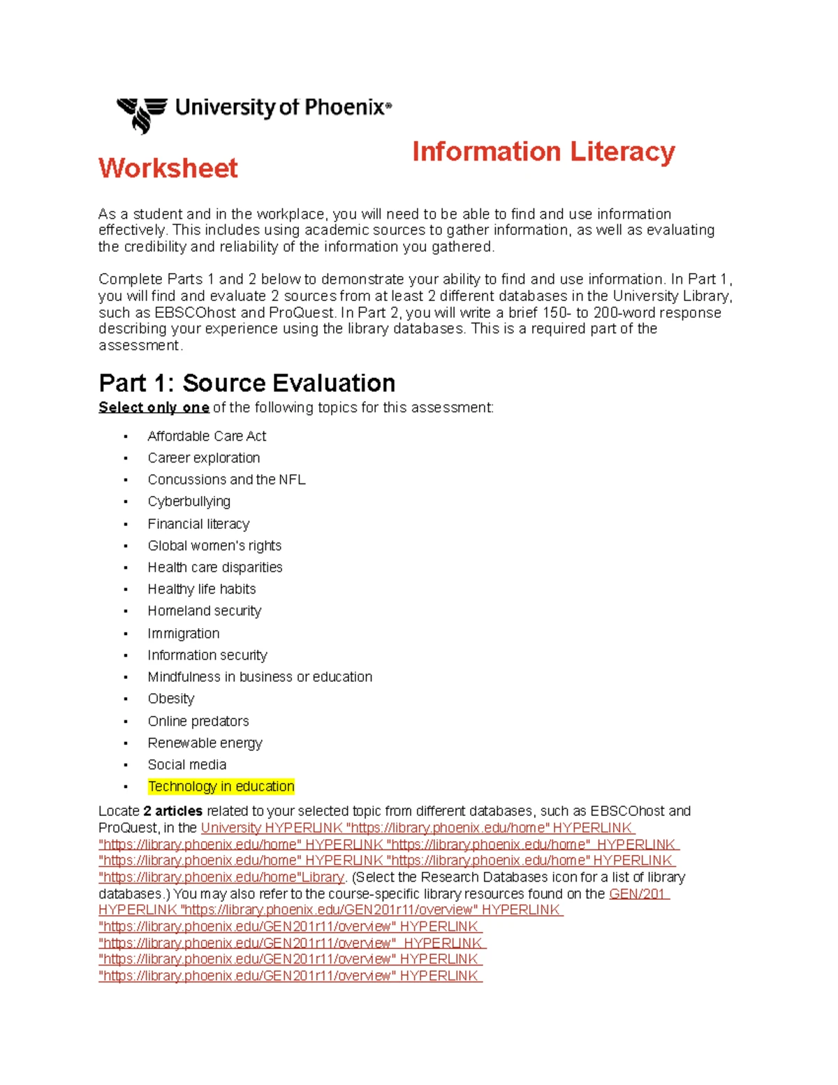 GEN/201 Information Literacy Worksheet: Week 4 Source Evaluation Guide ...