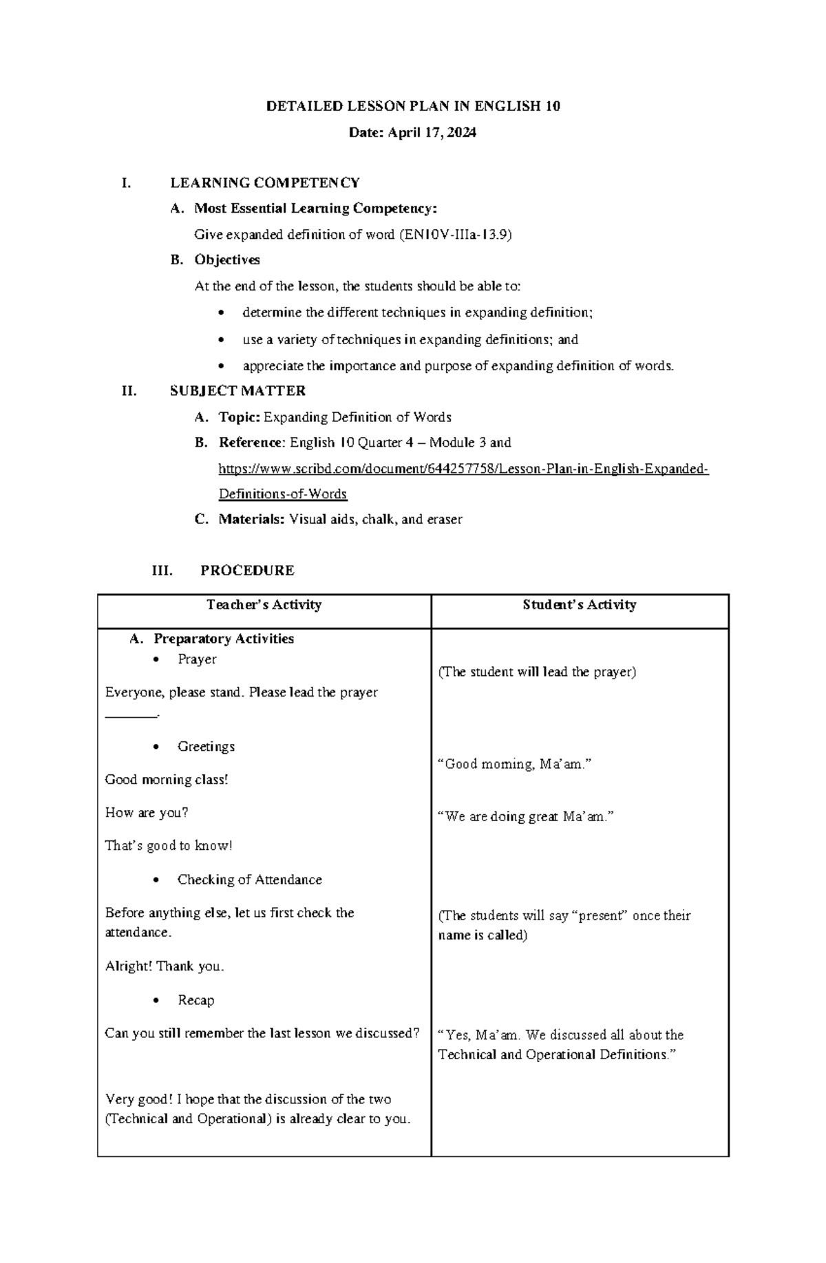 DLP English 10 - Expanding Definitions: Techniques & Lesson Plan - Studocu