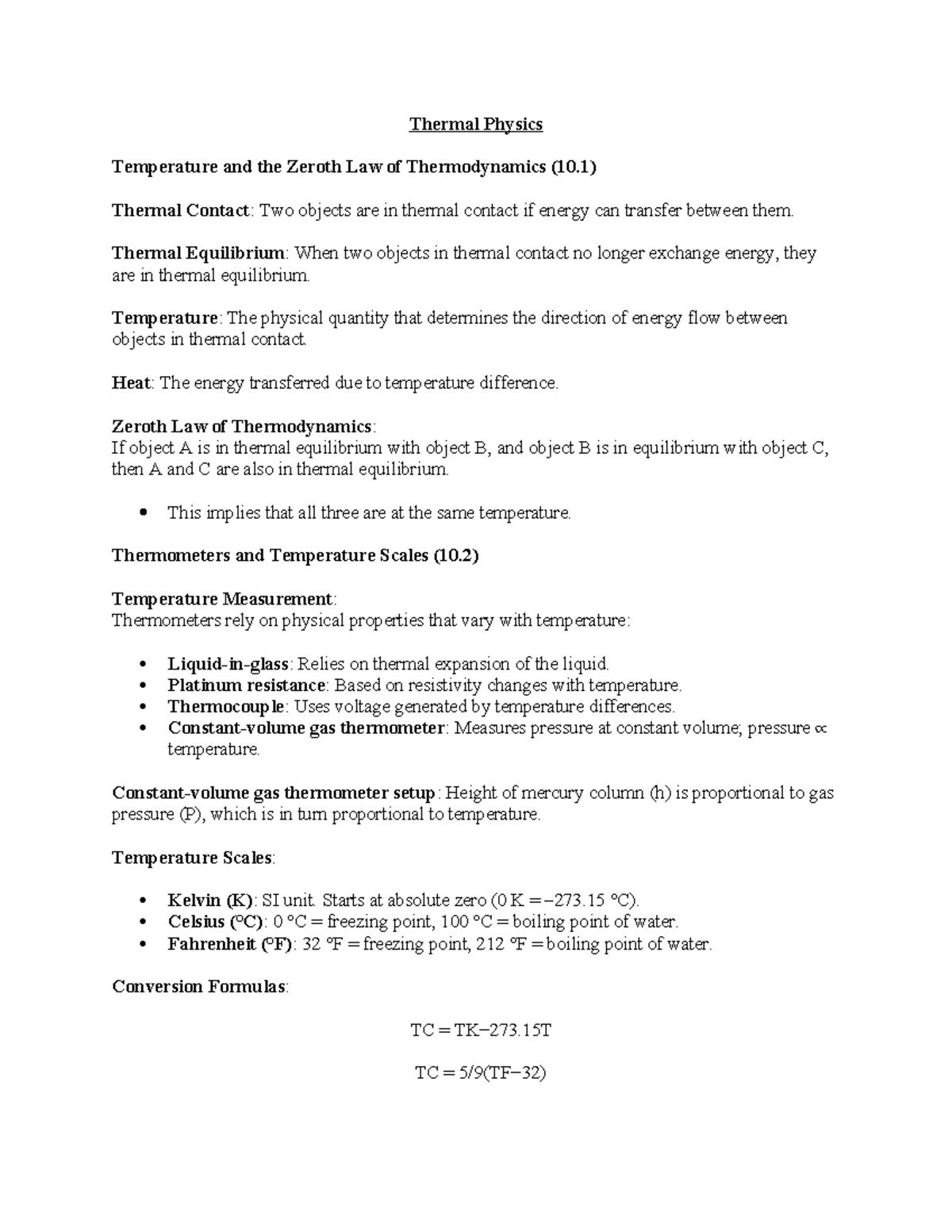 Thermal Physics (PHYS 101) - Notes on Temperature, Heat, and Laws - Studocu