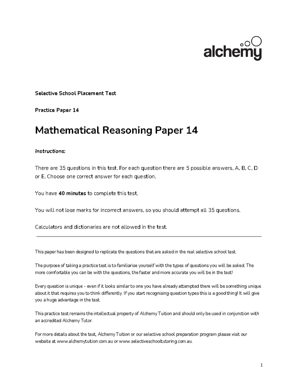 Mathematical Reasoning Practice Paper 14 for Selective School Test ...
