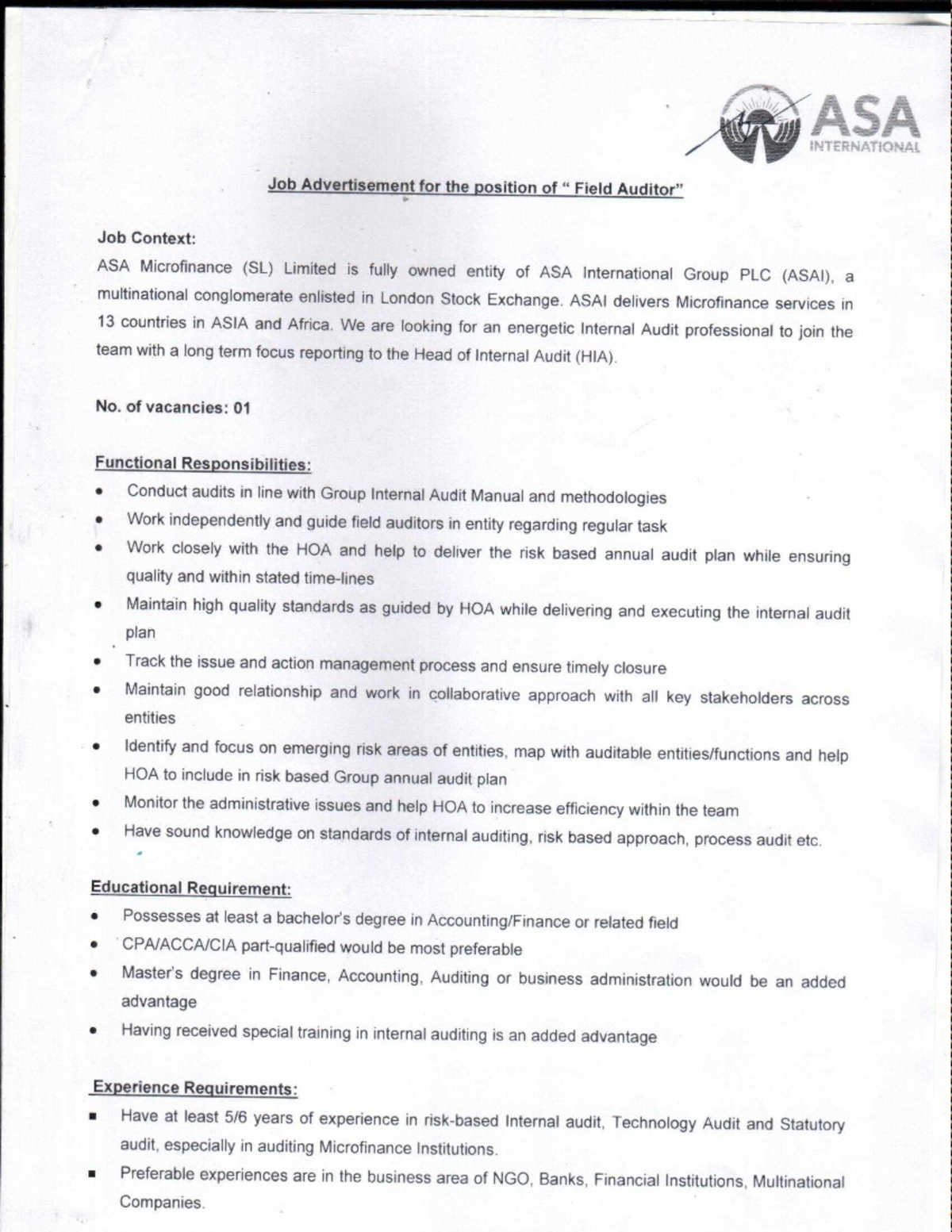 Job Advertisment for the Position of Field Auditor - Computer ...