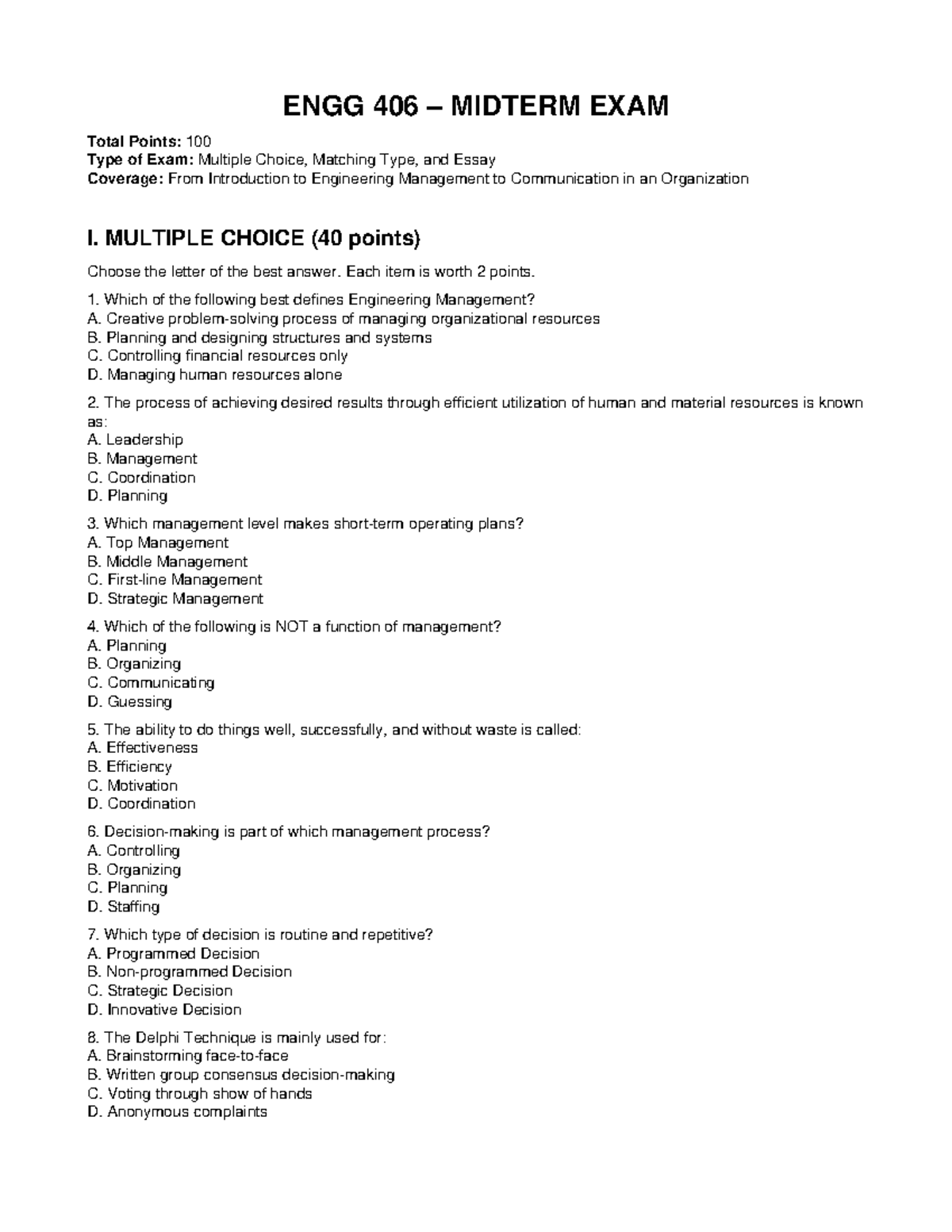ENGG 406 MIDTERM EXAM REVIEW & ANSWER KEY - Studocu