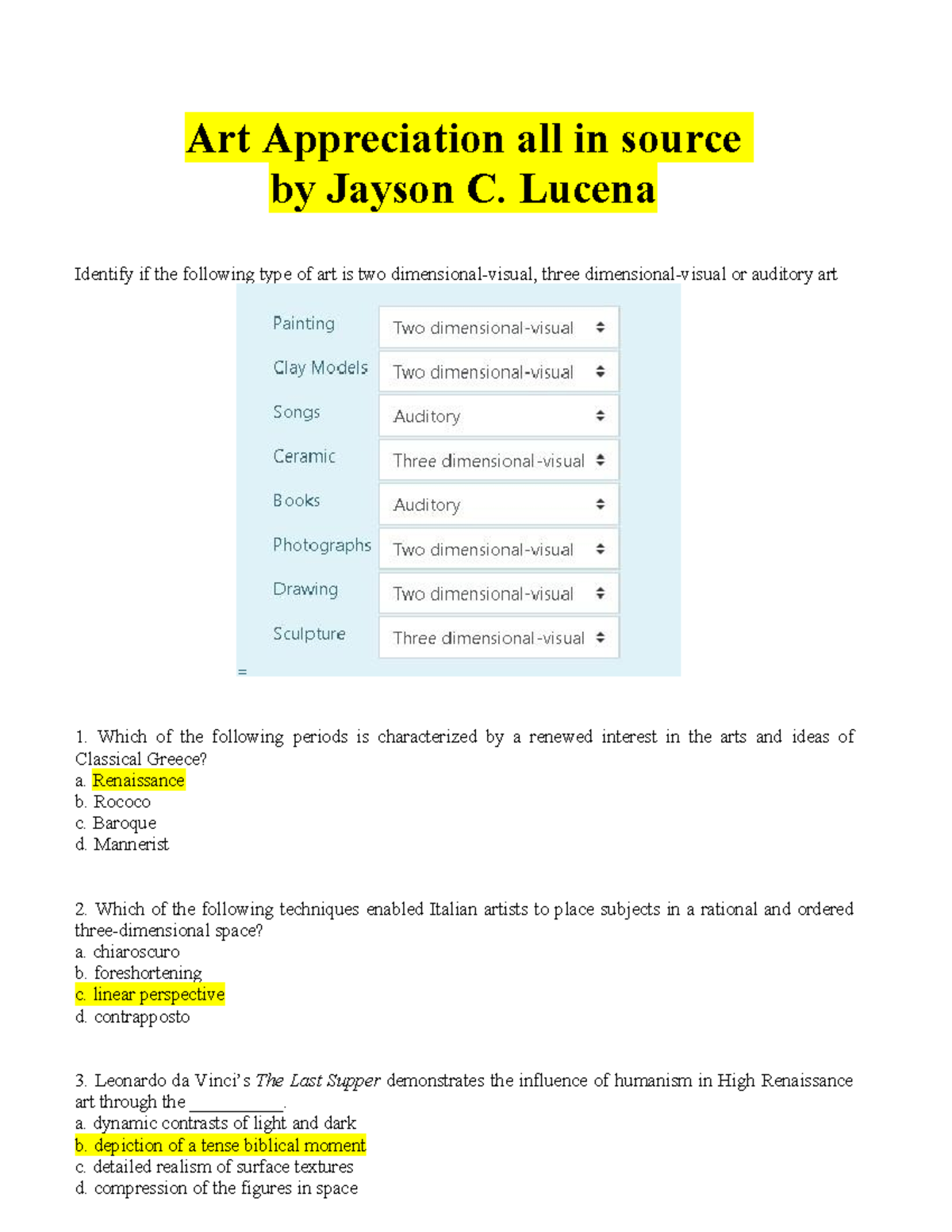 ART Appreciation ALL IN Source - Art Appreciation all in source by Jayson C. Lucena Identify if ...