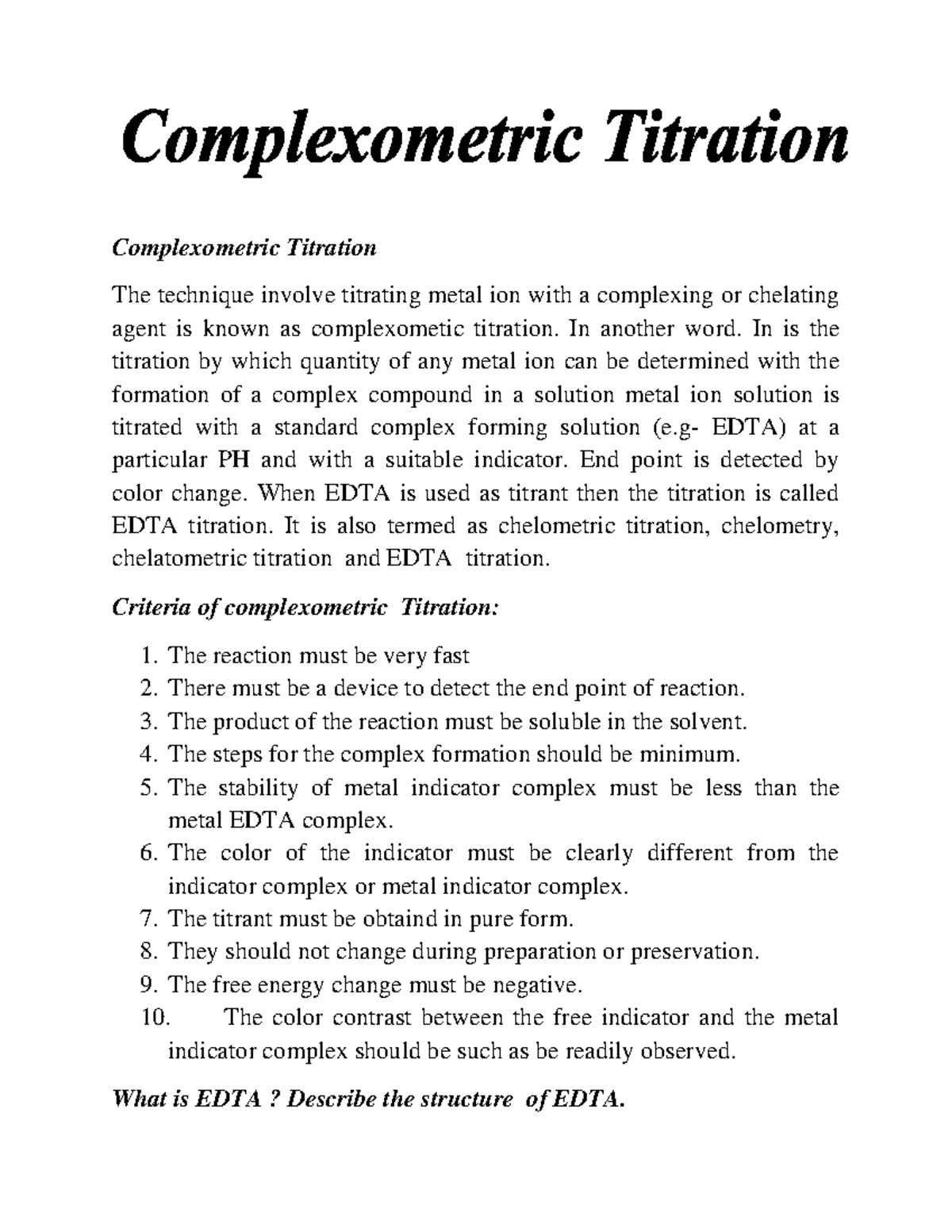 Complexometric Titration: Understanding EDTA and Its Applications - Studocu