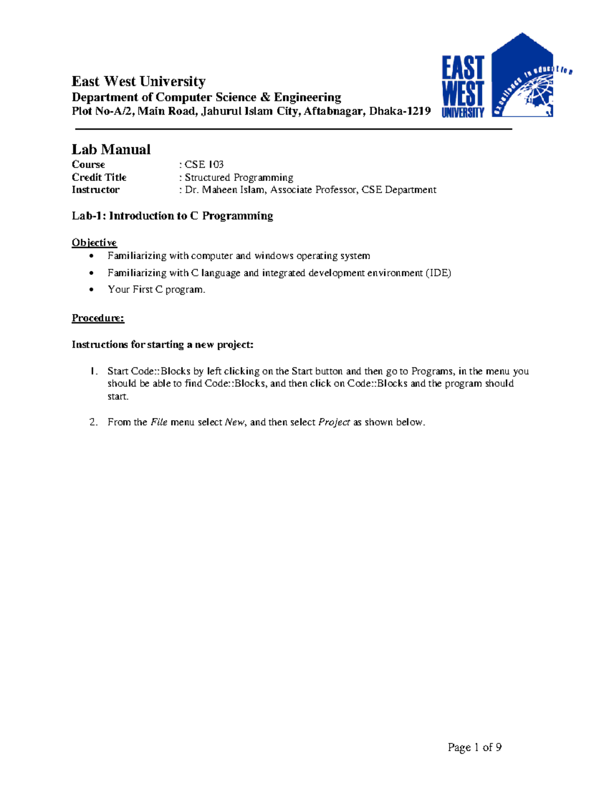 CSE 103 Lab Manual: Introduction to C Programming - Studocu