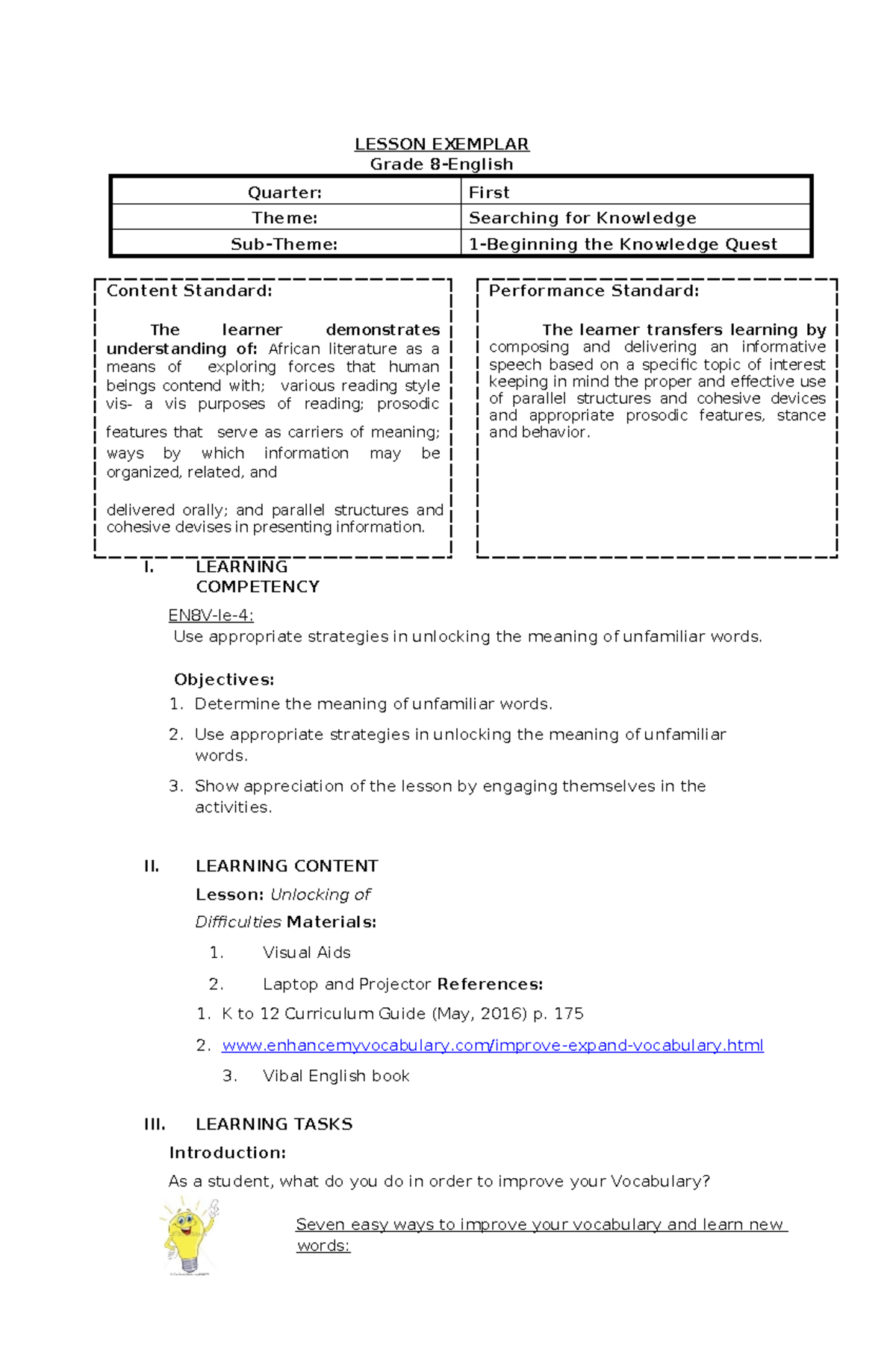 G8 English Lesson Plan: Unlocking Vocabulary & Cohesive Devices - Studocu