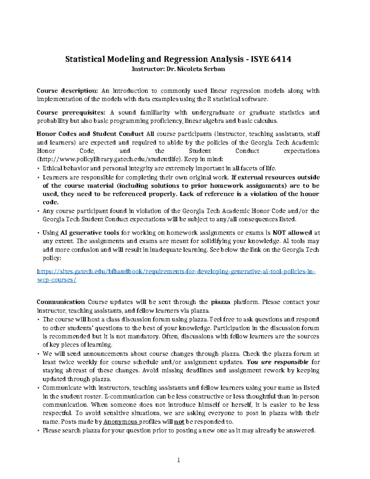 ISy E 6414 Syllabus: Statistical Modeling & Regression Analysis Spring 2024 - Studocu