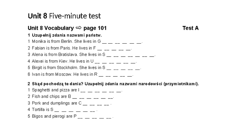 SP5 Unit 8 Vocabulary & Grammar Test - 5 Min - Studocu