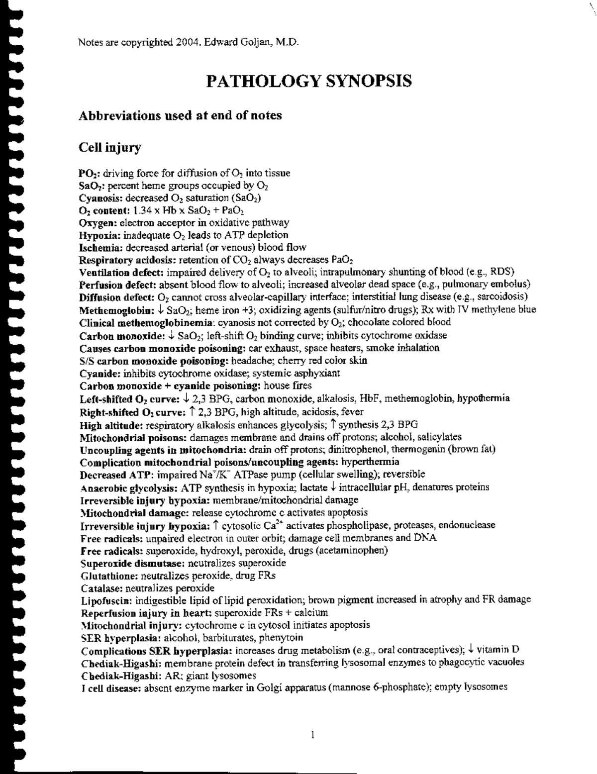 Goljan high yield path - Lecture notes 1 - Notes are copyrighted 2004 ...