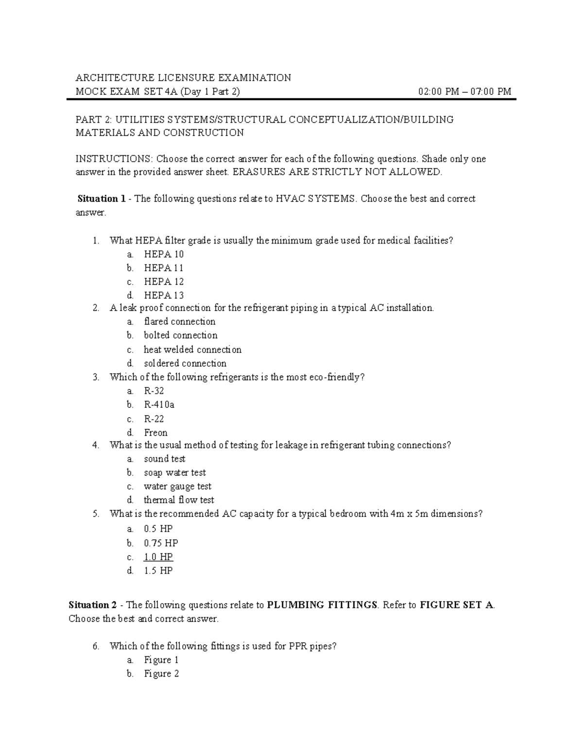 ARCH 101: Architecture Mock Exam - Utilities, Materials & Systems - Studocu