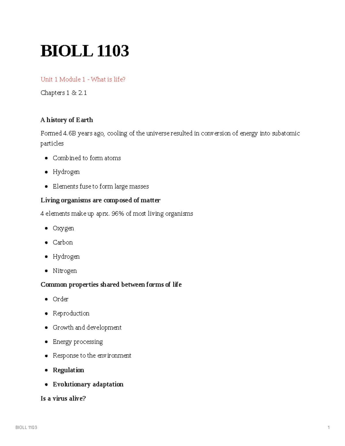 BIOLL 1103 Unit 1 Module 1: Understanding Life and Cellular Foundations ...