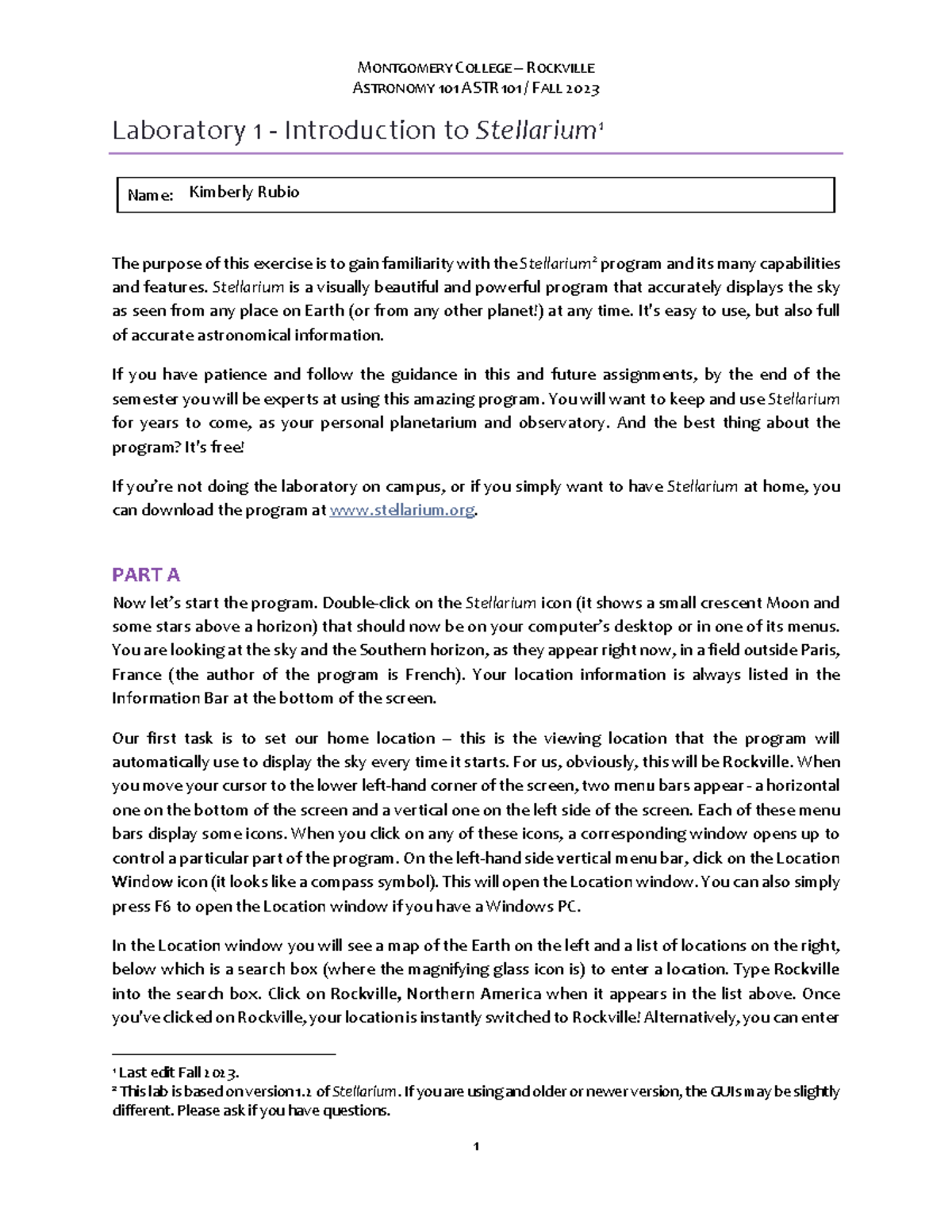 Laboratory 1: Intro to Stellarium - ASTR101 Fall 2023 - Studocu
