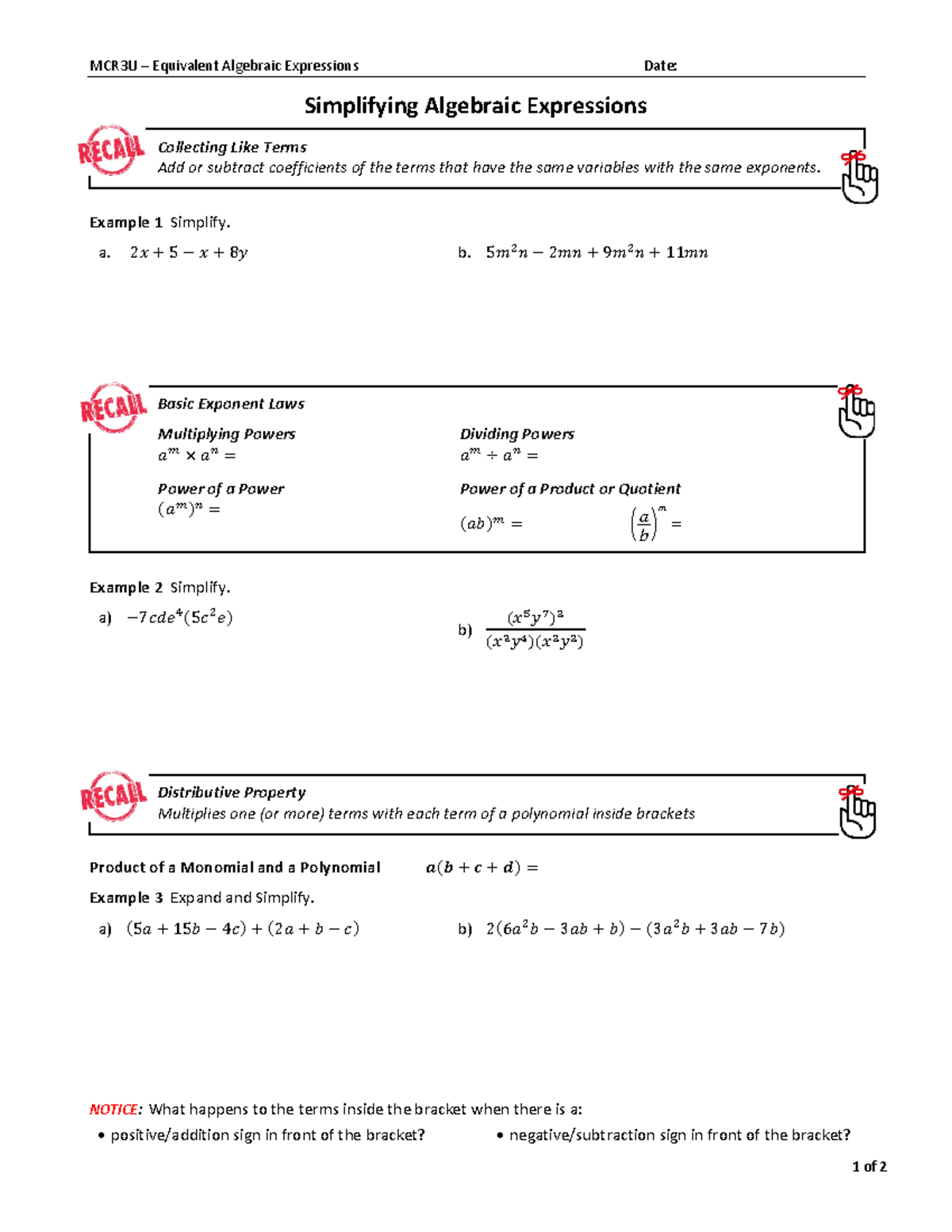 1-01 Simplifying Algebraic Expressions - MCR3U – Equivalent Algebraic ...