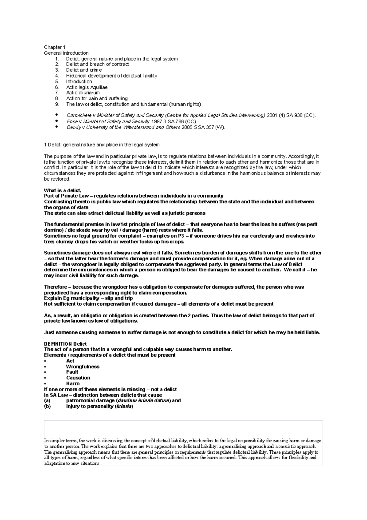 "LAW 101: Chapter 1-3 Overview of Delictual Liability" - Studocu
