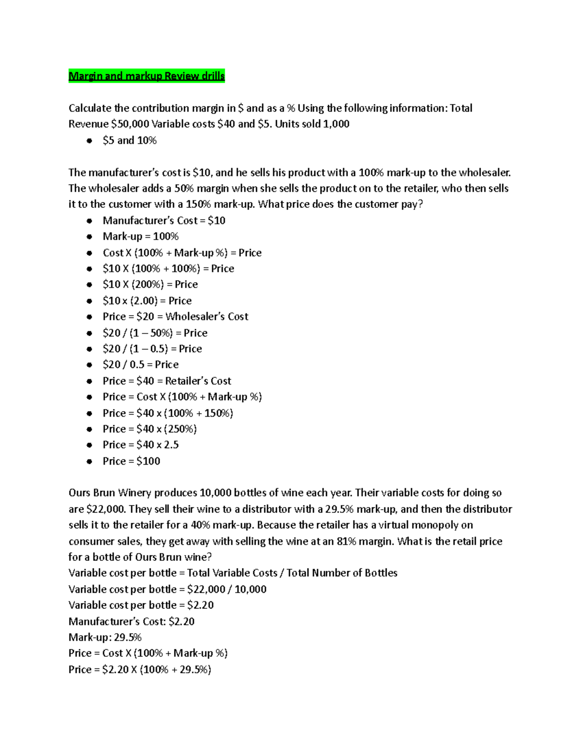 MKT300 Margin and markup Review Questions - Margin and markup Review ...
