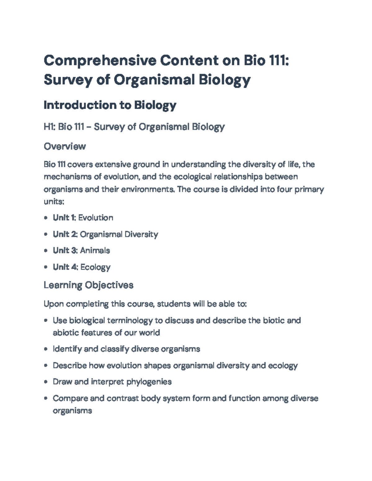 Bio 111 Final Exam Review: Survey of Organismal Biology Concepts ...
