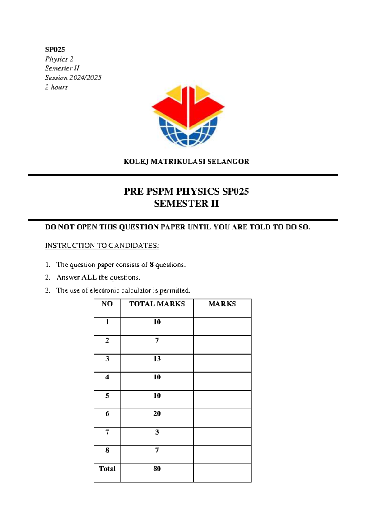 KMS Soalan PRE PSPM SP025 Physics 2 Semester II Exam Paper - Studocu