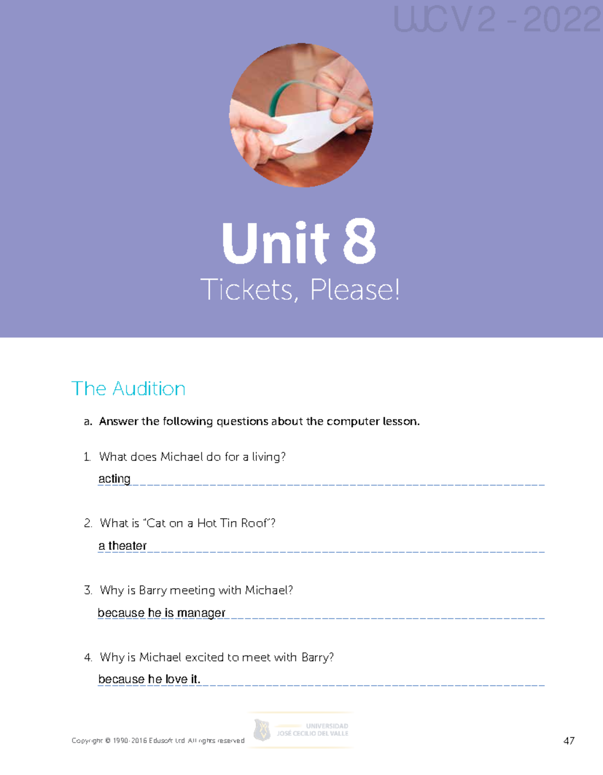 Basic 3 Workbook Unit 8 - Acting and Auditions Activities - Studocu