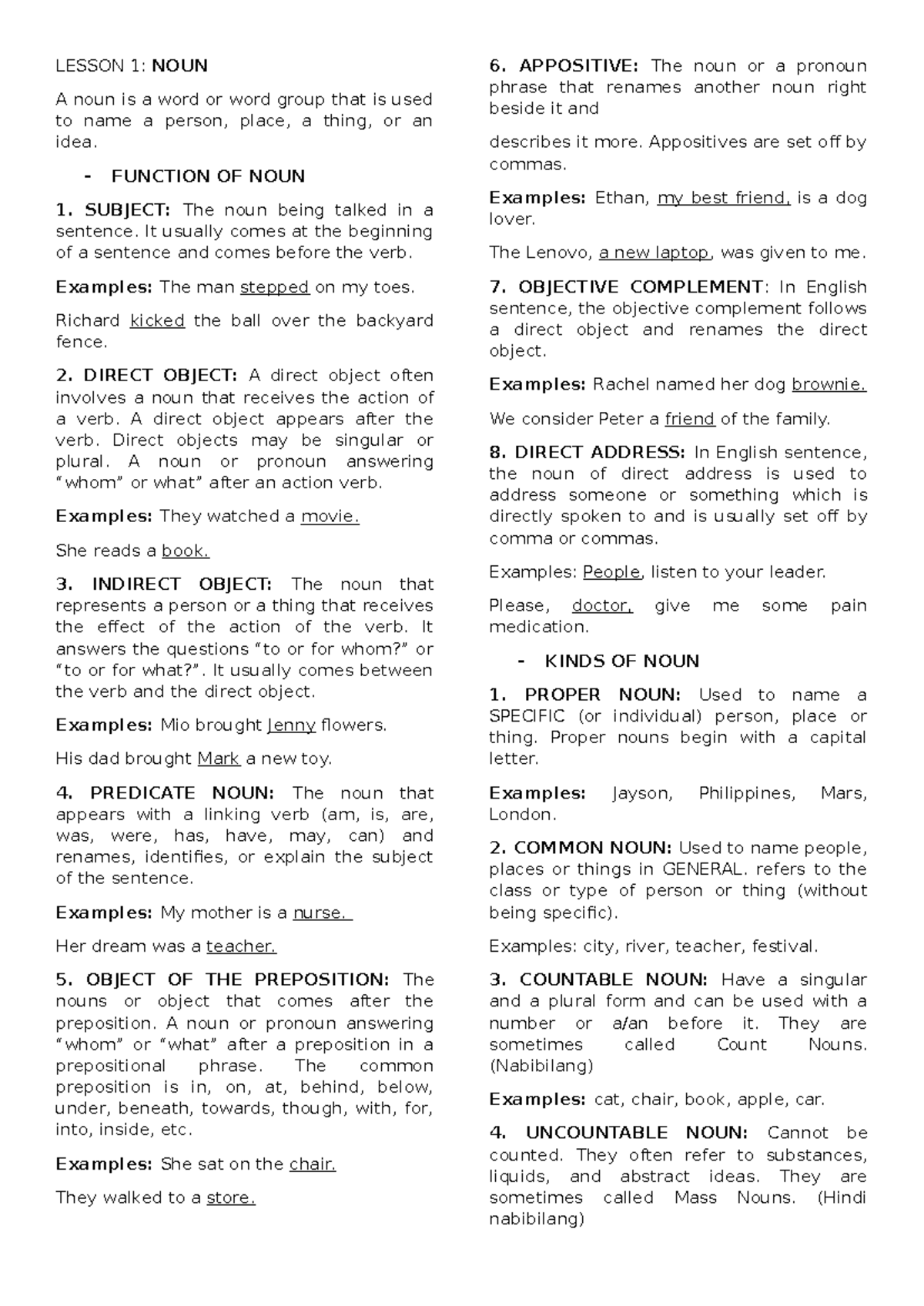 NOUN & PRONOUN: Comprehensive Lesson Notes (ENG101) - Studocu