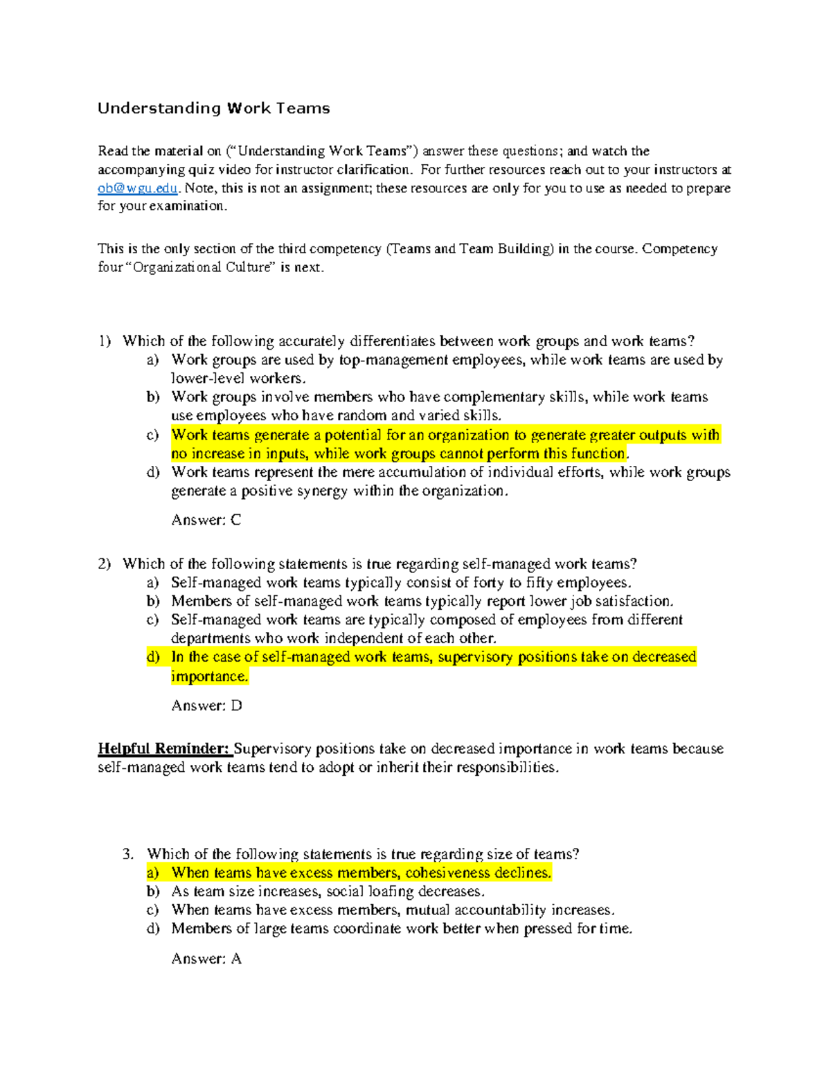 Understanding work teams multiple choice questions - Understanding Work Teams Read the material ...