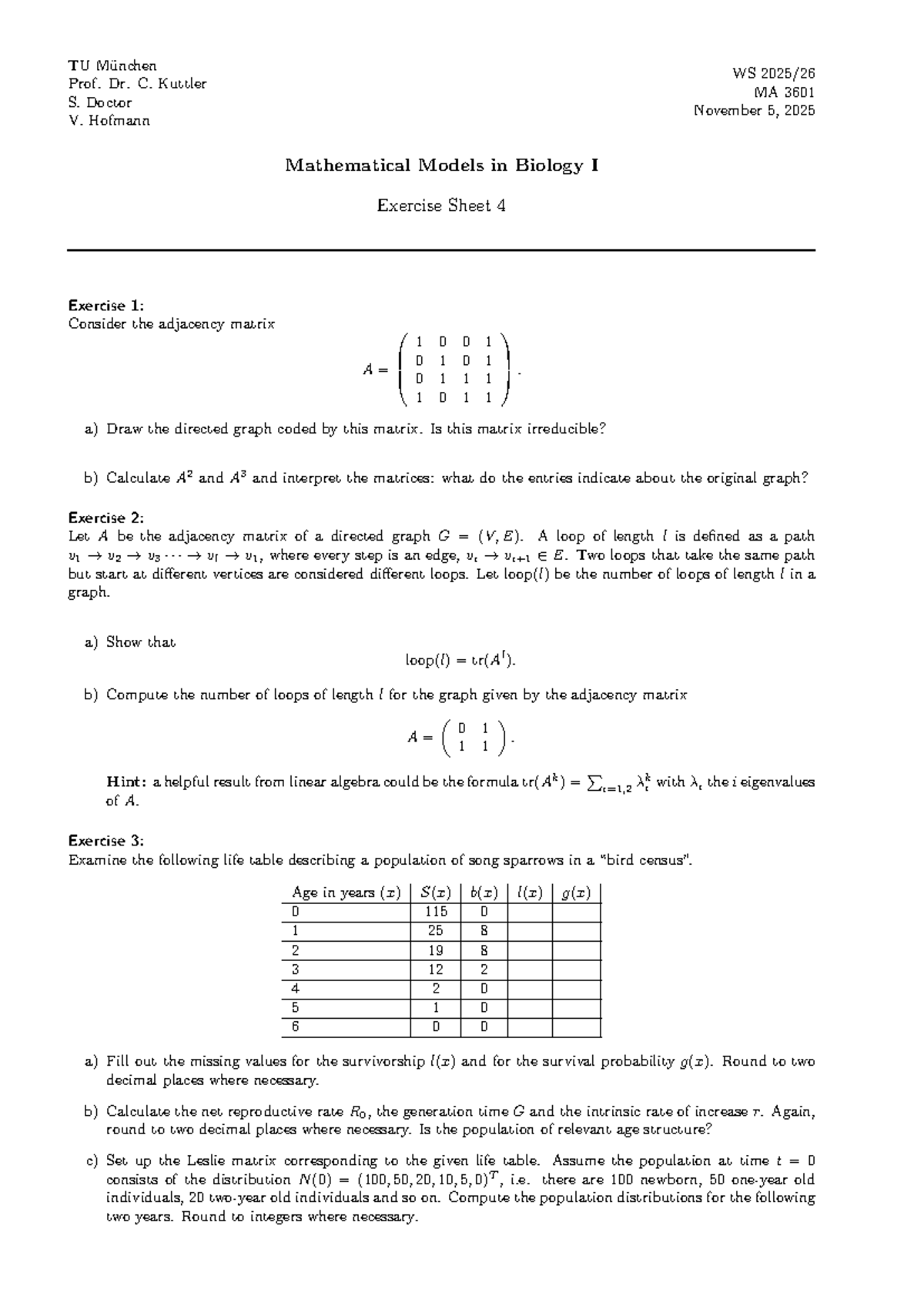 MA 3601 WS 2025 Mathematical Models in Biology I Exercise Sheet 4 - Studocu