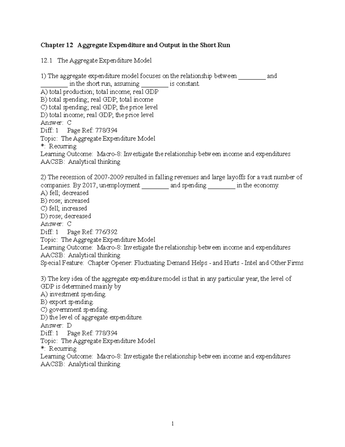 ECON1102 - HO07 Aggregate Expenditure Test Bank for Chapter 12 - Studocu