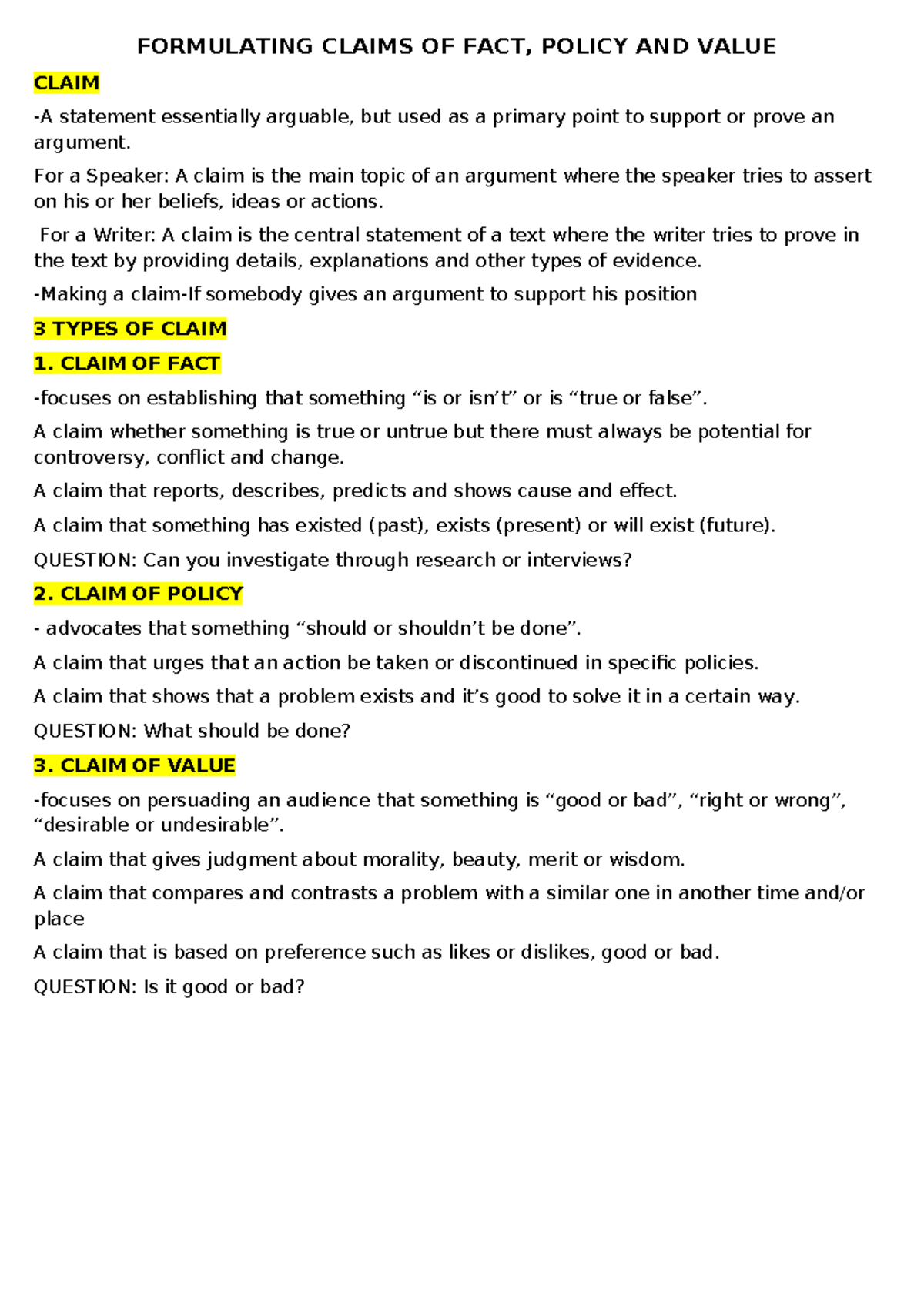 Claims of Fact, Policy, and Value: An Analytical Overview - Studocu
