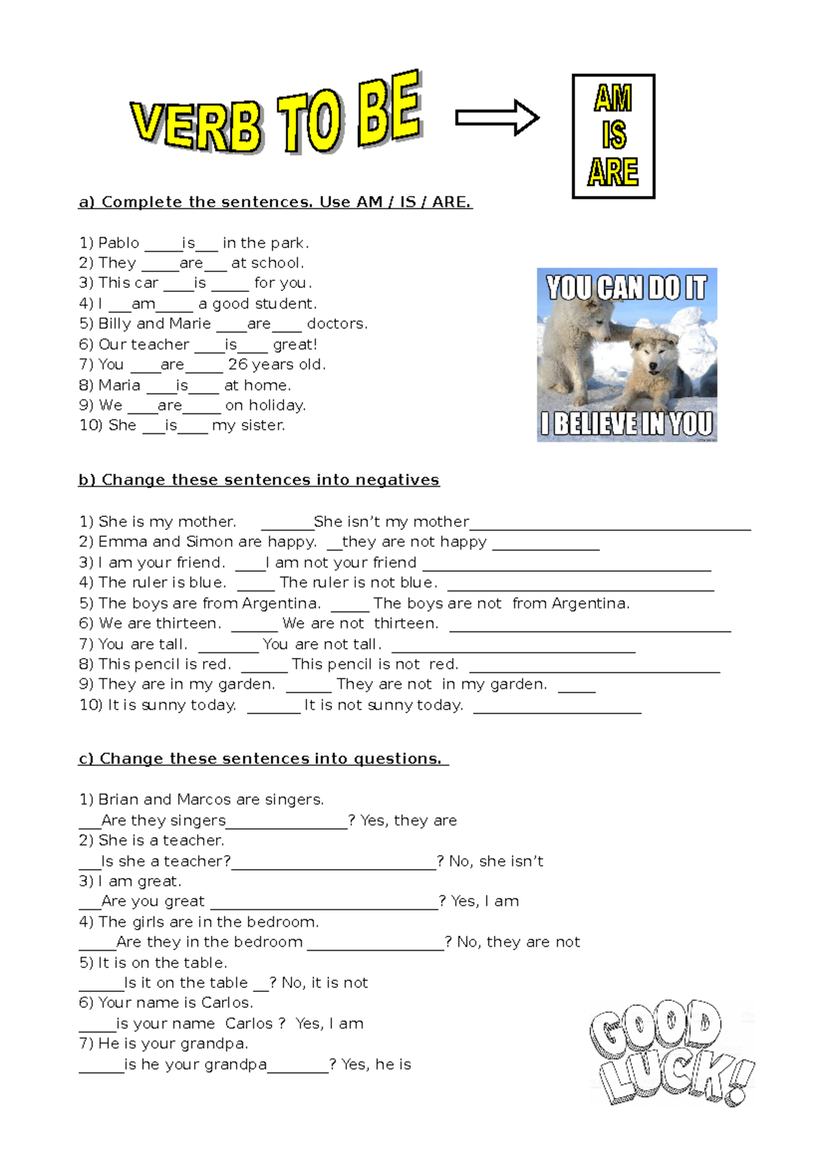 Verb-to-be-affirmative-negative-interrogative 106363 - a) Complete the ...