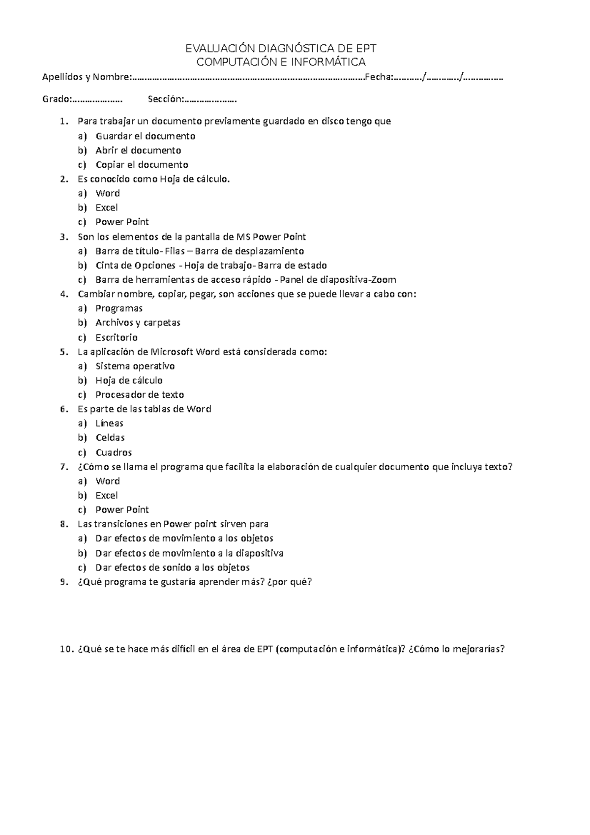 Evaluación Diagnóstica EPT Tercero: Computación e Informática - Studocu