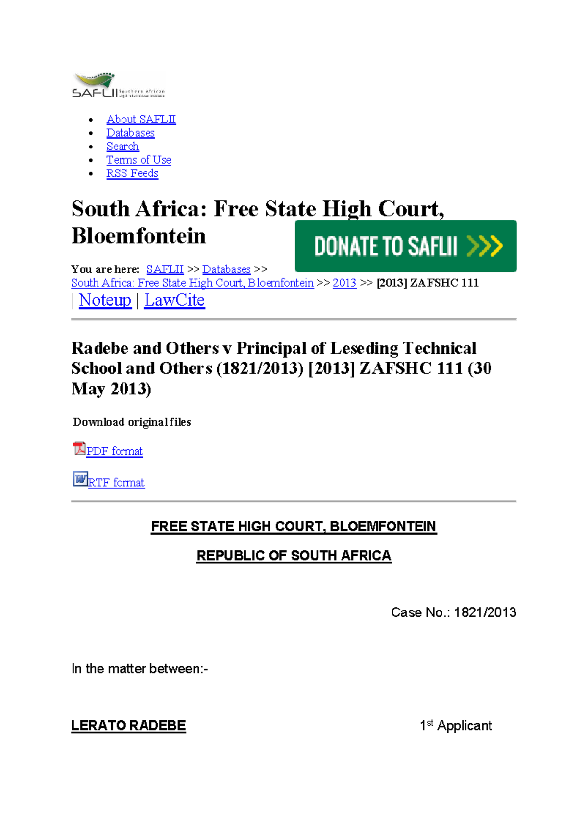 Case Study: Radebe v Principal of Leseding Technical School (ZAFSHC ...