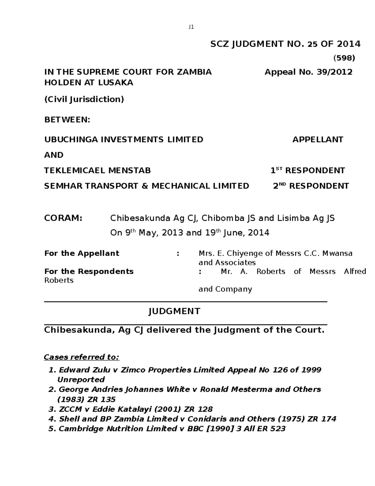 2014-ZMSC-119 - Supreme Court Judgment Analysis on Injunction Case ...
