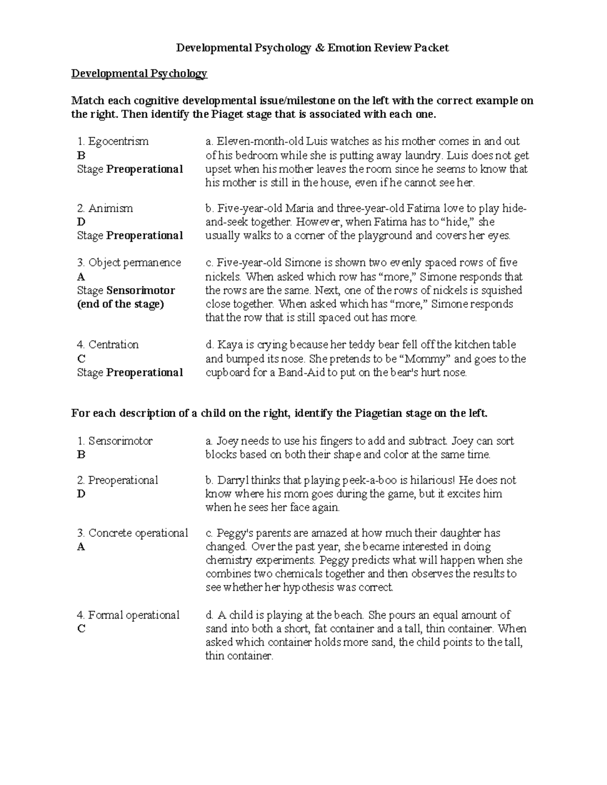 Developmental Psychology & Emotion Review Packet (PSY 101 ...