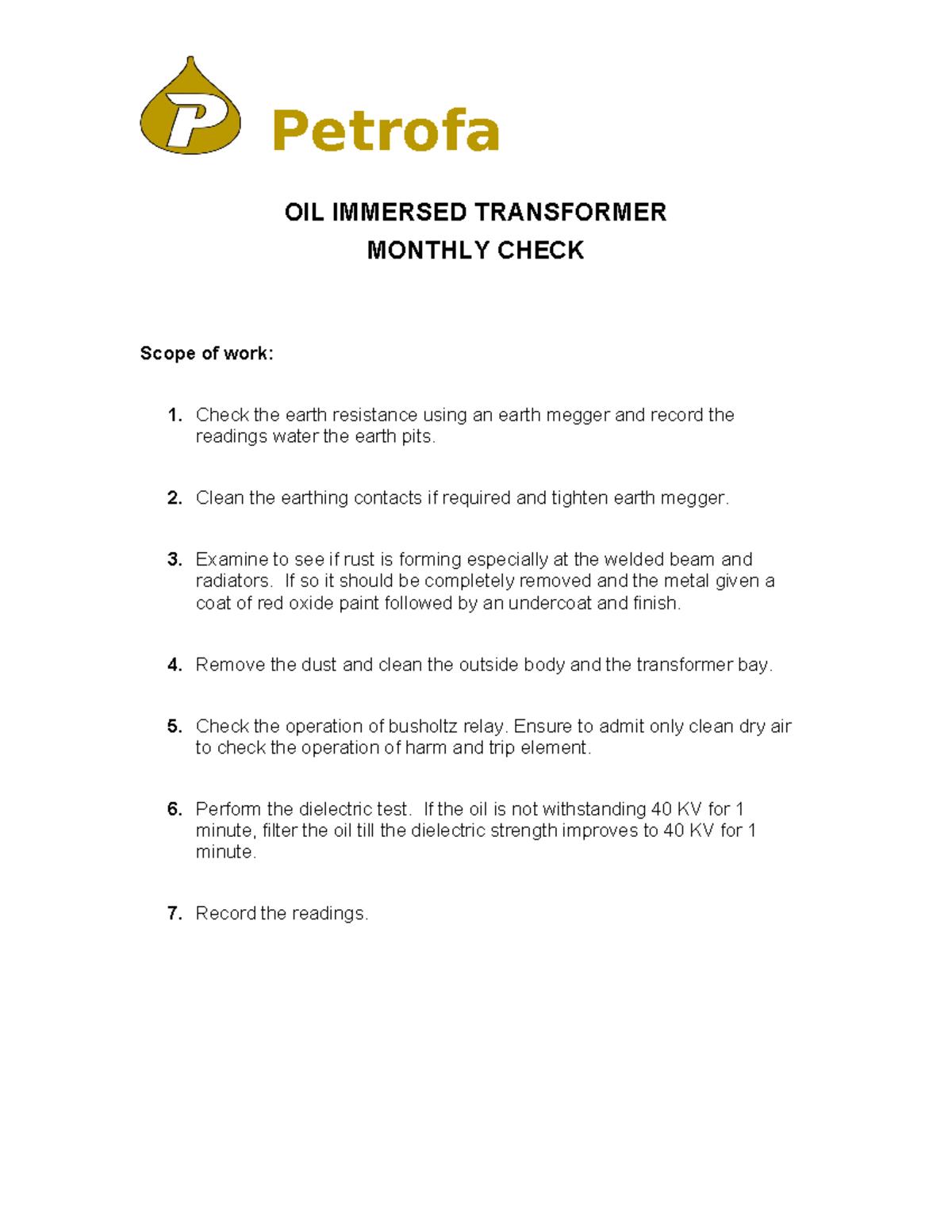 Monthly Check Procedures for Oil Immersed Transformer - Studocu