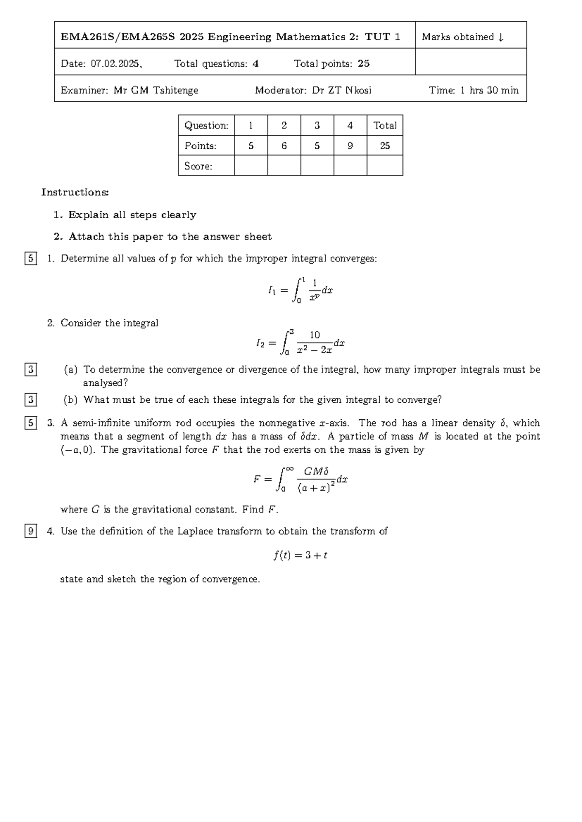 Engineering Mathematics 2 (ENGM 2025): TUT 1 Solutions & Analysis - Studocu