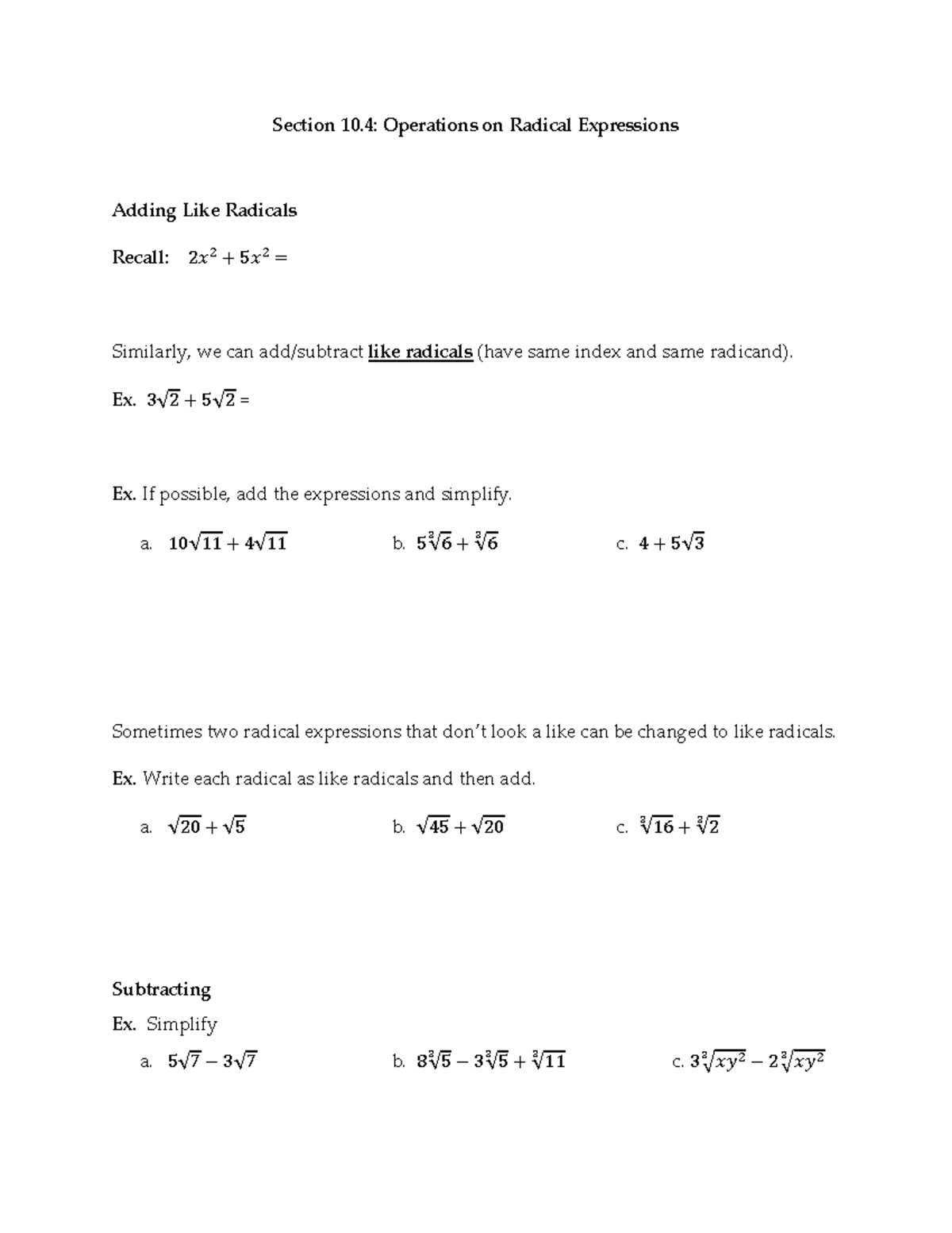 Section 10.4: Operations on Radical Expressions - Studocu