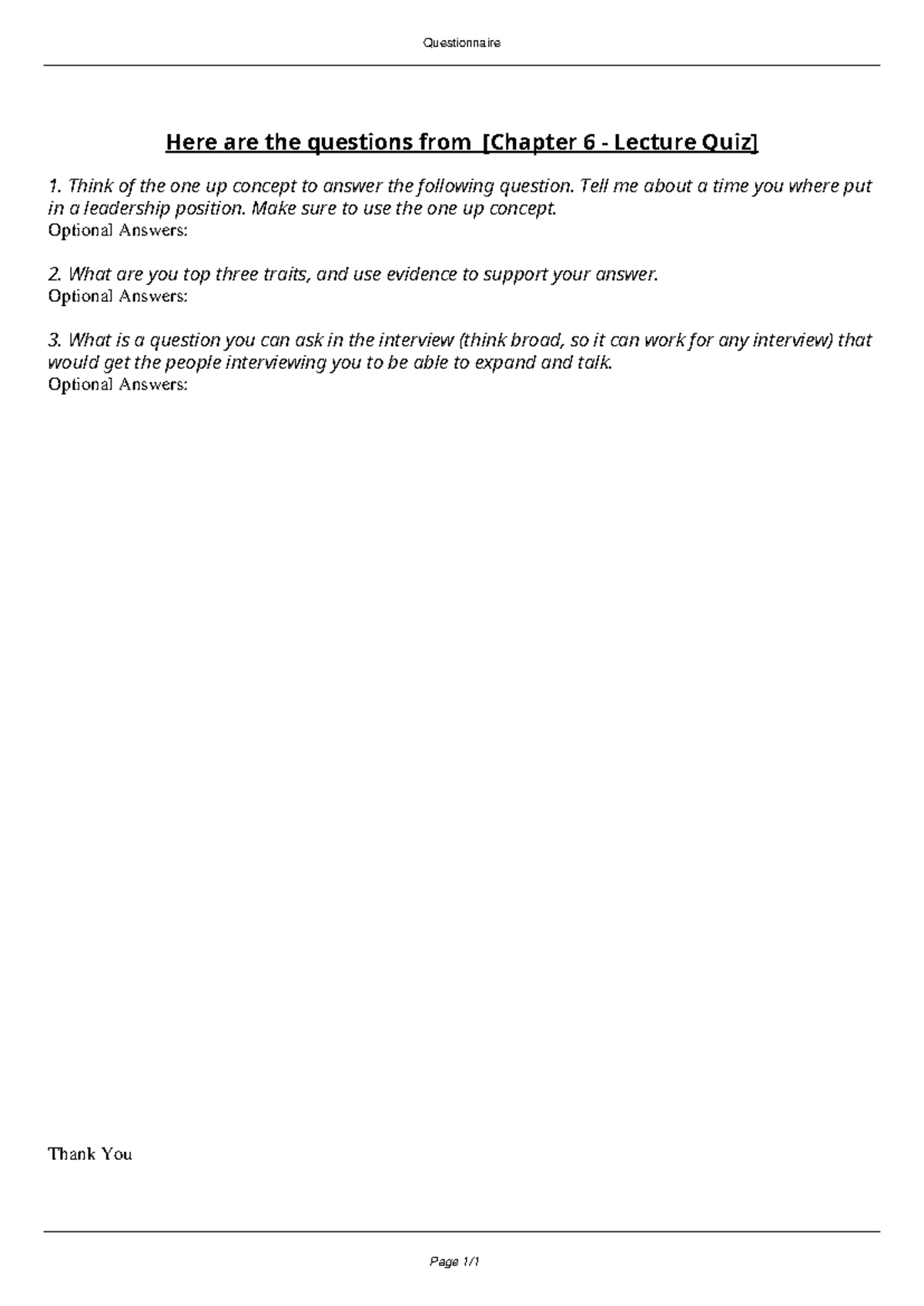 Chapter 6 - Lecture Quiz - Questionnaire Here are the questions from ...