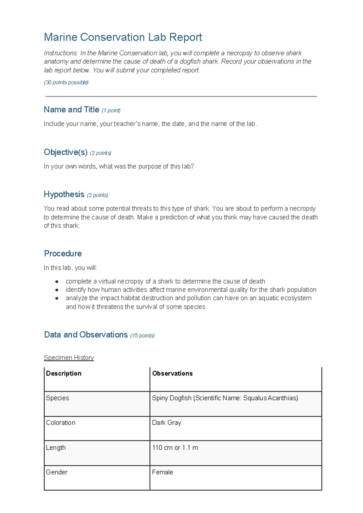 Marine Science Assignment 6: Shark Necropsy Lab Report - Studocu