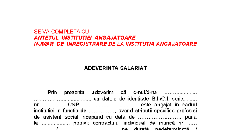 Adeverință Salariat Asistent Social - Model SE VA COMPLETA CU - Studocu