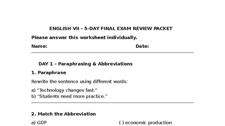 ENGLISH VII FINAL EXAM REVIEW PACKET - Studocu