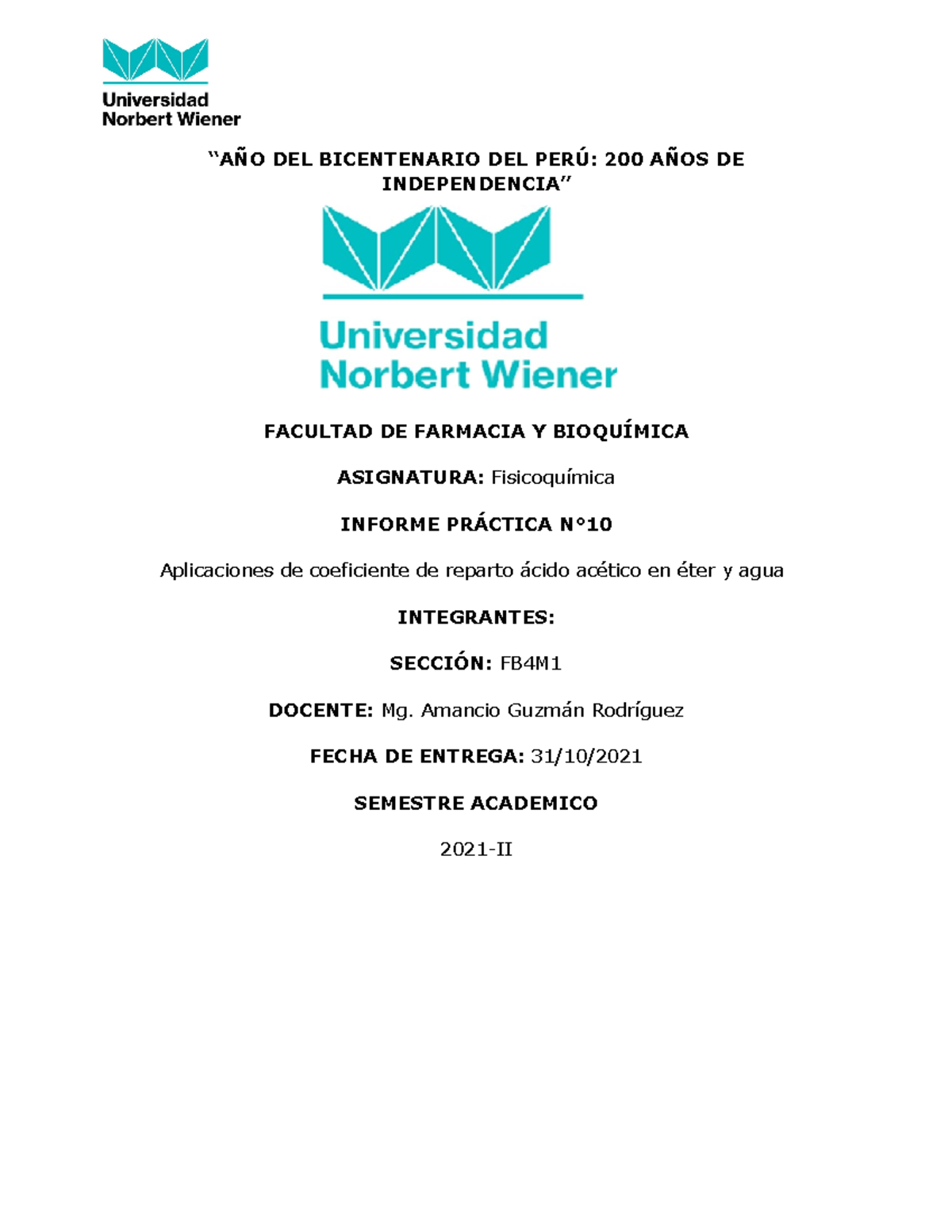 Informe Práctica N° - Coeficiente de Reparto Ácido Acético (FB4M) - Studocu