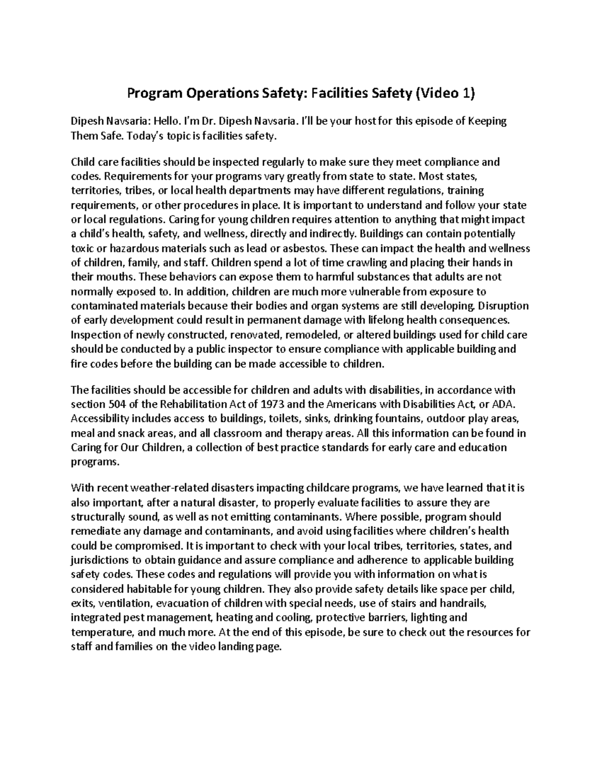 002299 Program Ops Safety: Facilities Safety Overview (Video 1) - Studocu