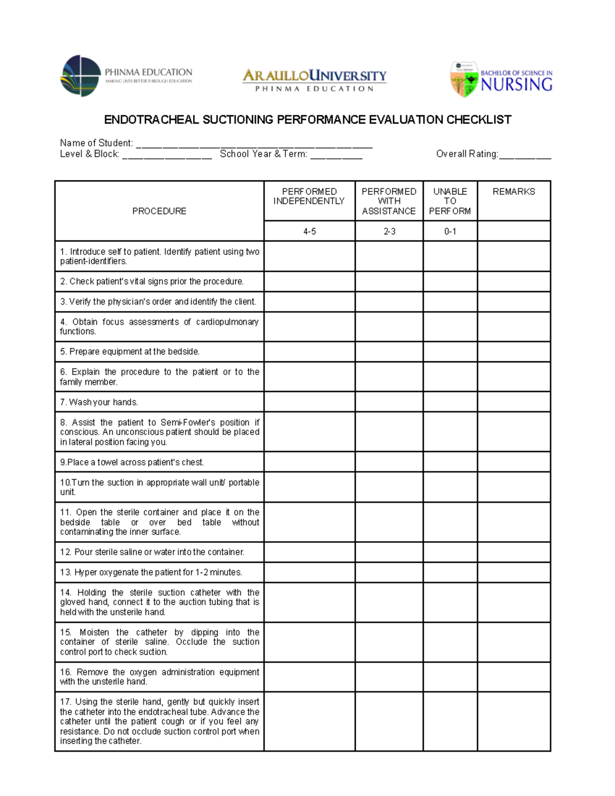 Endotracheal Suctioning - Performance Evaluation Checklist - Studocu
